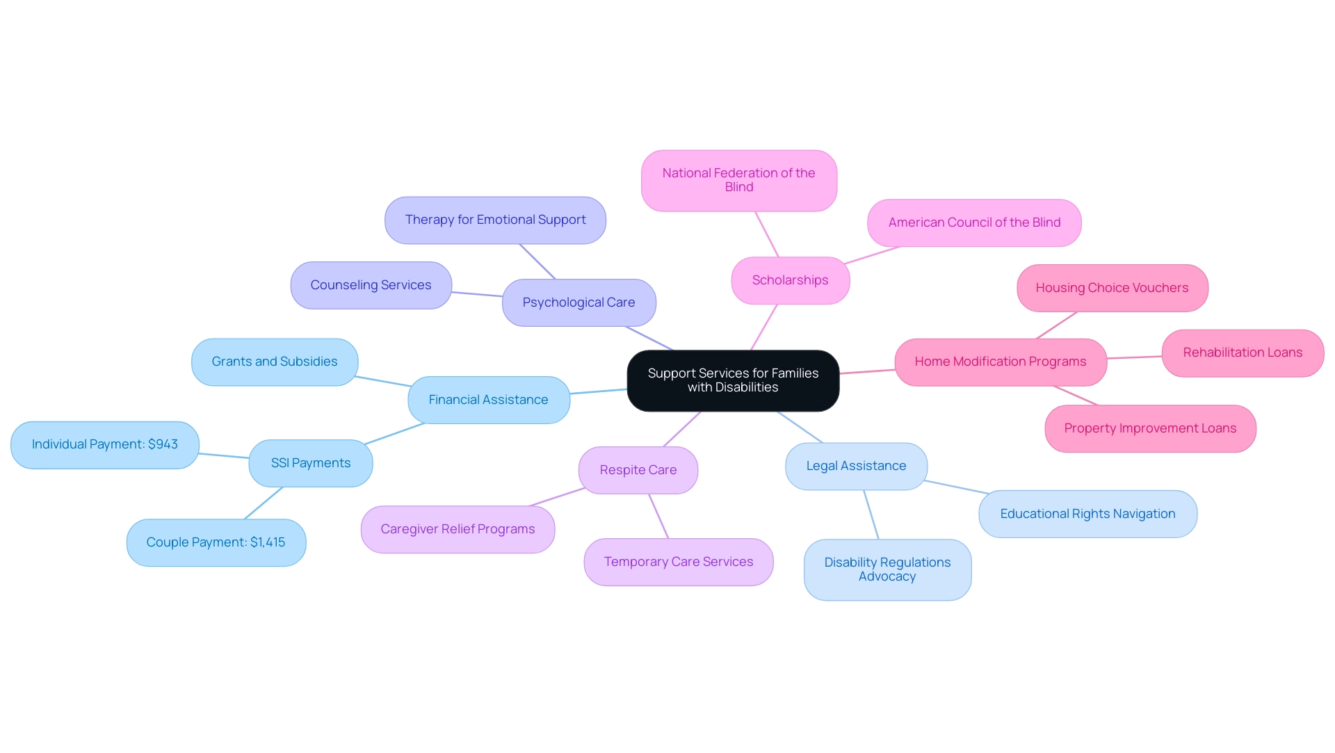 Each branch represents a category of support services, with sub-branches detailing specific types of assistance available within each category.