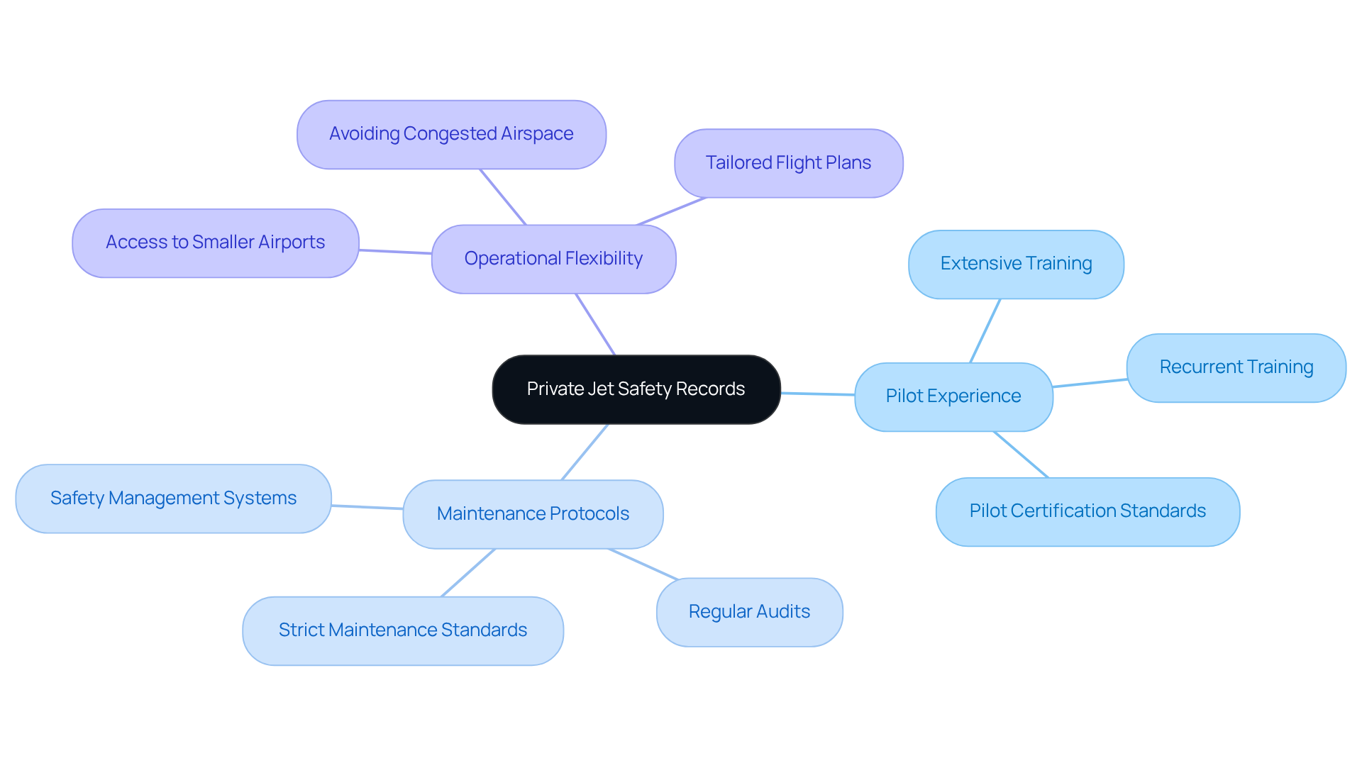 The center represents the overall safety of private jets, while the branches show key factors that contribute to this safety. Each branch helps you understand what to consider when flying privately, making it easier to assess your safety.