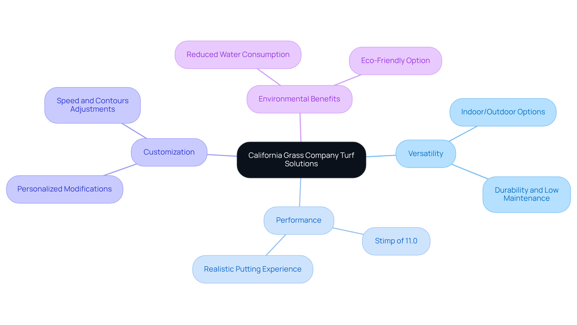 The center represents the company's turf solutions, and each branch highlights a key feature. Follow the branches to explore how each aspect contributes to the overall value of the product. The center represents the company's turf solutions, and each branch highlights a key feature. Follow the branches to explore how each aspect contributes to the overall value of the product.