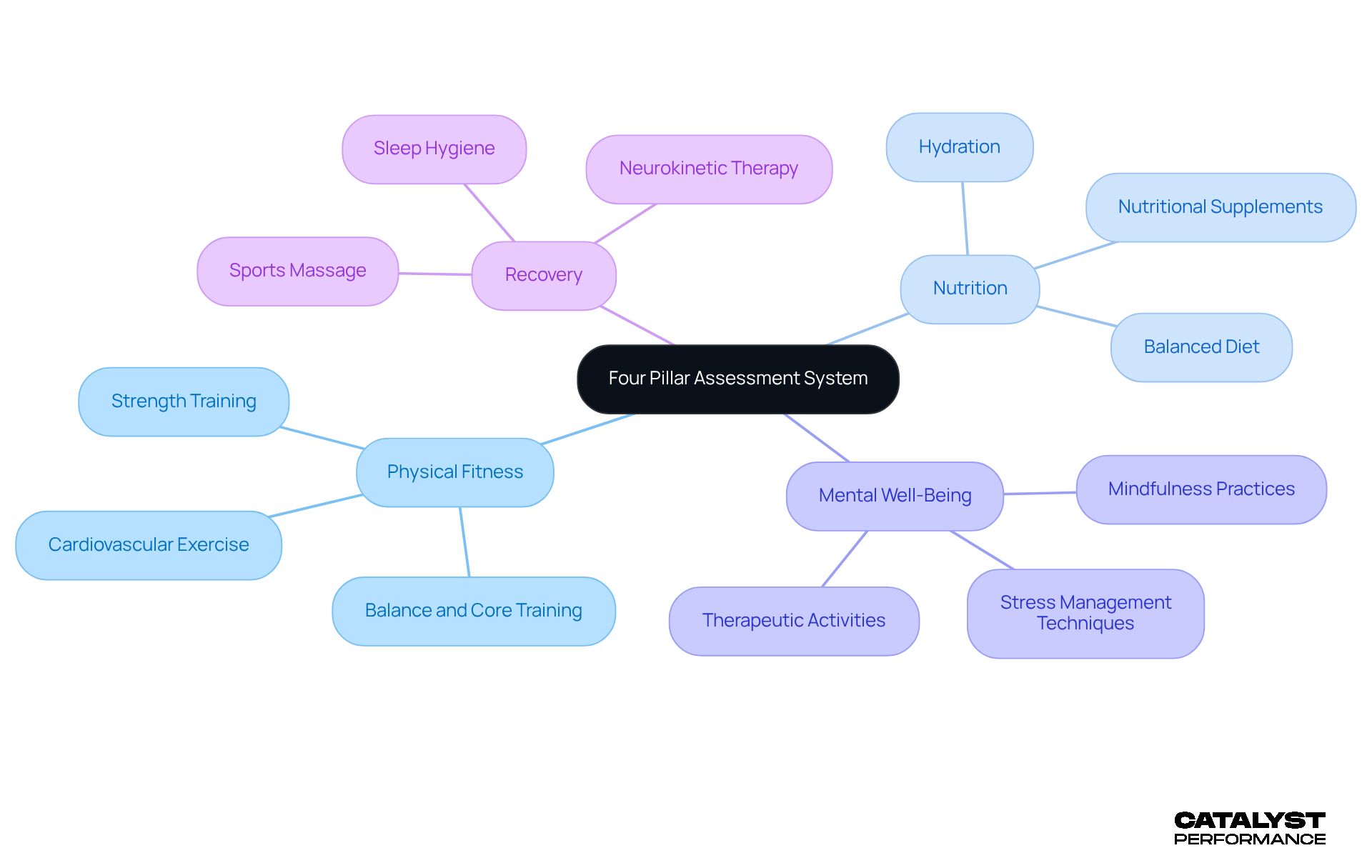 The center represents the assessment system, while the branches show the four key areas of health. Each sub-branch provides insights into actions you can take to improve in those areas. The center represents the assessment system, while the branches show the four key areas of health. Each sub-branch provides insights into actions you can take to improve in those areas.