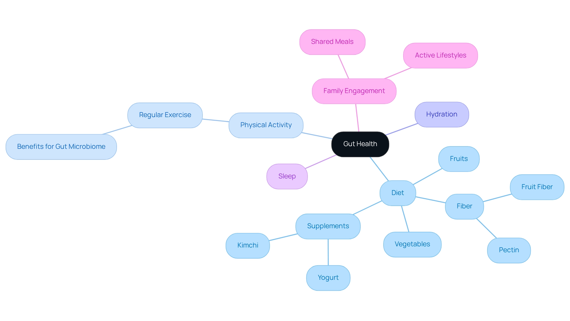 The central node represents gut health, with branches indicating key components (Diet, Physical Activity, Hydration, Sleep, Family Engagement) and their respective subcategories.