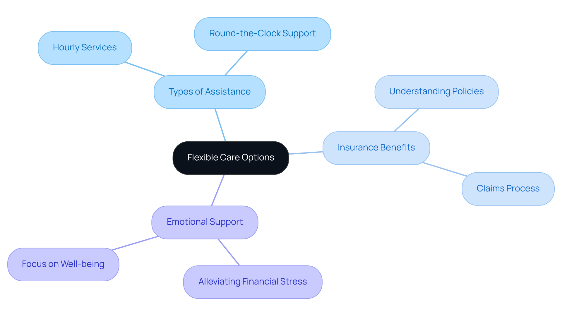 The center of the mindmap represents flexible care options. Each branch leads to different aspects that families should consider, helping them see how each component contributes to effective caregiving and financial well-being.