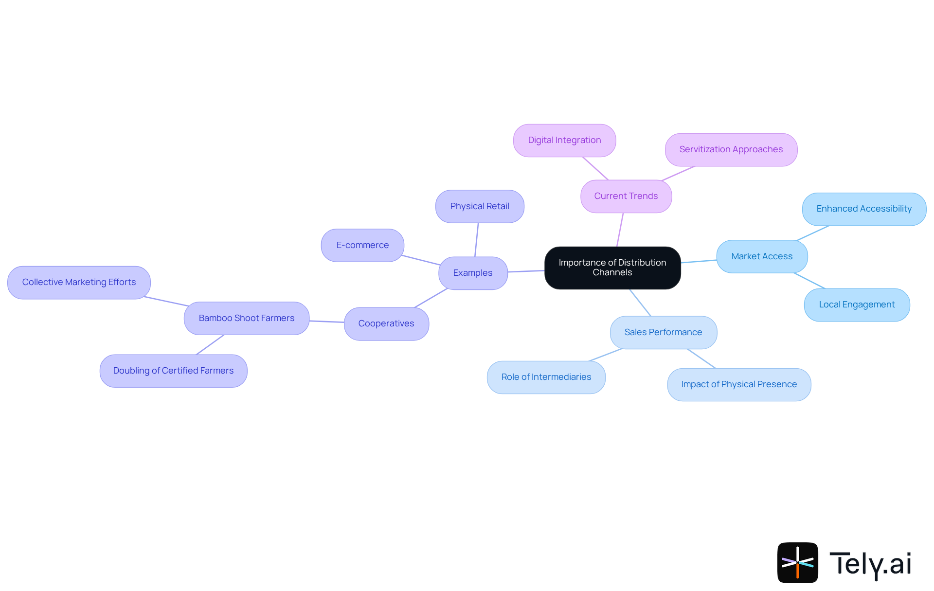 The central node represents the overarching theme. Each branch connects to specific aspects like market access and sales performance, while sub-branches provide detailed examples and current trends in distribution channels. The central node represents the overarching theme. Each branch connects to specific aspects like market access and sales performance, while sub-branches provide detailed examples and current trends in distribution channels.