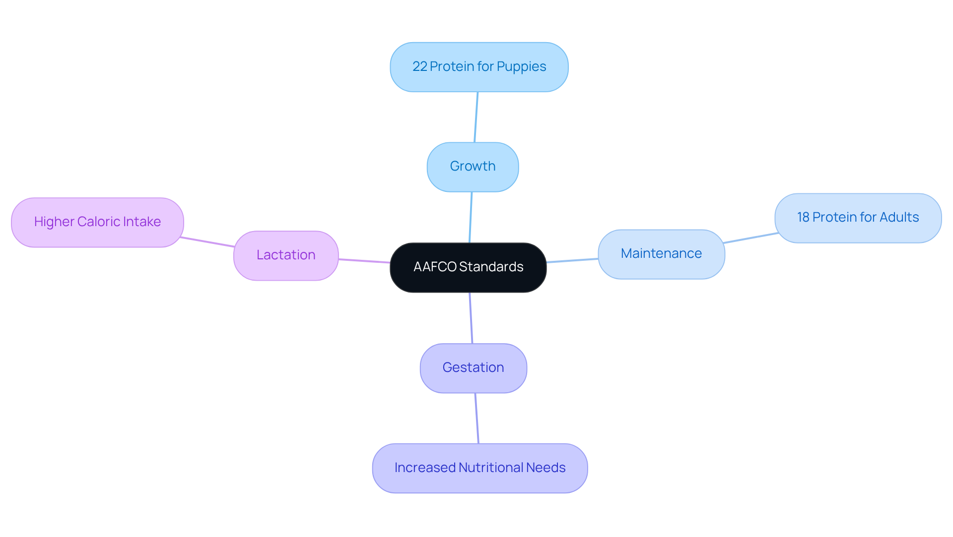 This mindmap shows how AAFCO standards guide dog food choices. Start at the center with AAFCO, then explore each life stage and its nutritional needs. Each branch represents essential information to help you make informed choices for your dog's diet. This mindmap shows how AAFCO standards guide dog food choices. Start at the center with AAFCO, then explore each life stage and its nutritional needs. Each branch represents essential information to help you make informed choices for your dog's diet.