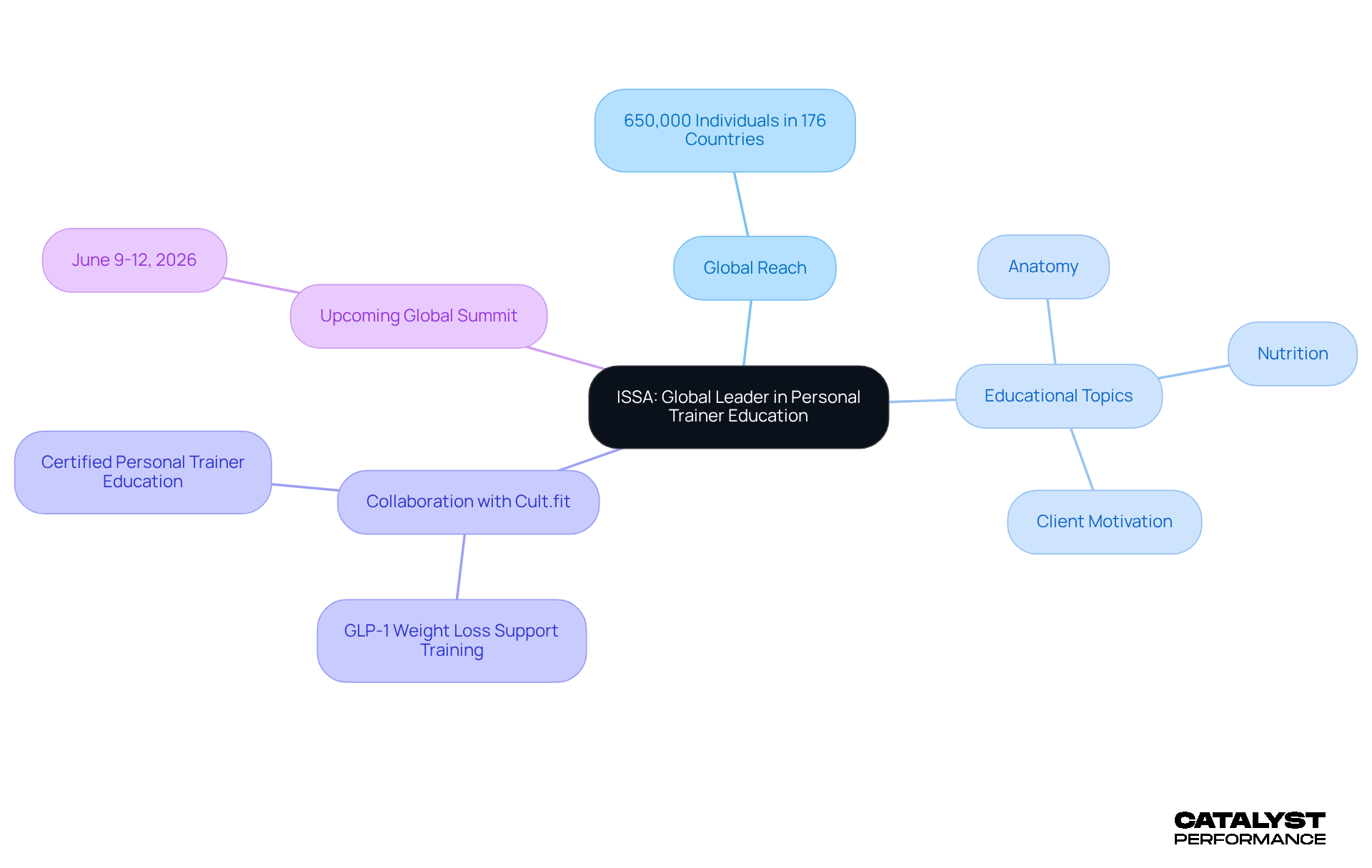 The center represents ISSA's leadership in education, with branches showing how they empower trainers globally, the topics they cover, their partnerships, and important upcoming events. The center represents ISSA's leadership in education, with branches showing how they empower trainers globally, the topics they cover, their partnerships, and important upcoming events.