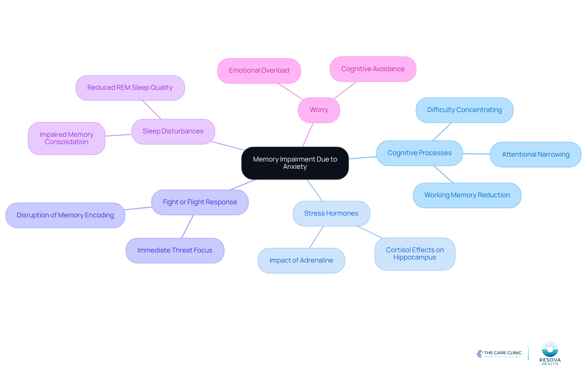 The central node represents the main topic, while branches show different factors affecting memory. Each sub-branch provides specific details or examples, helping you see how anxiety influences memory in various ways. The central node represents the main topic, while branches show different factors affecting memory. Each sub-branch provides specific details or examples, helping you see how anxiety influences memory in various ways.