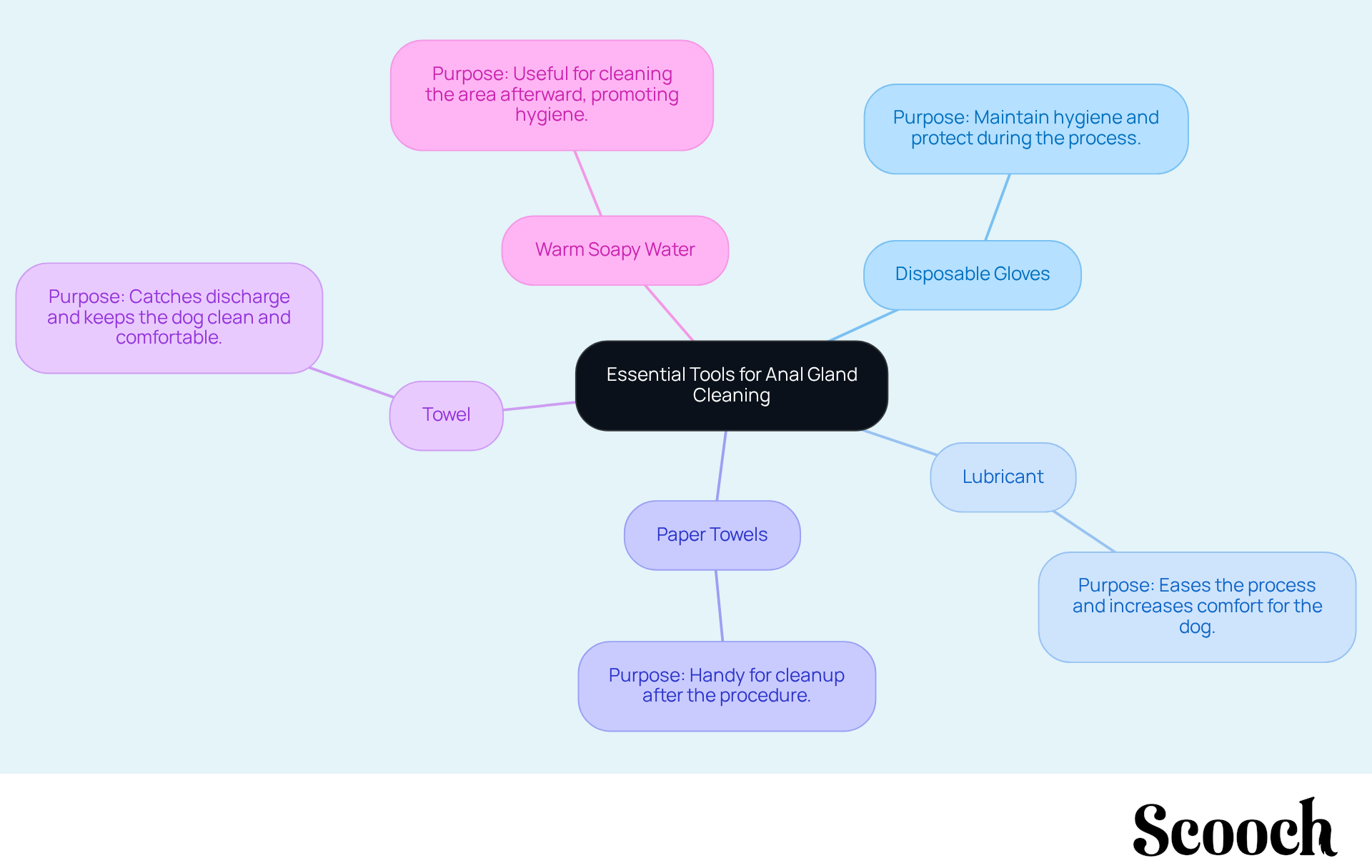 The central node is the main task, and the branches represent the tools you'll need. Each branch highlights what each tool does, making it easy to prepare for the cleaning process.