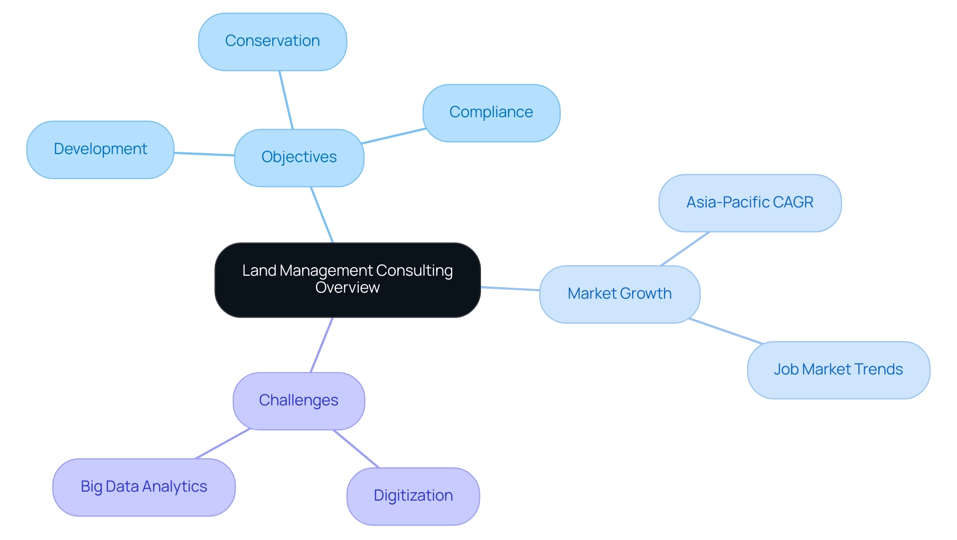 The central node represents the field of land management consulting, with branches illustrating objectives, growth areas, and challenges, each color-coded for clarity.