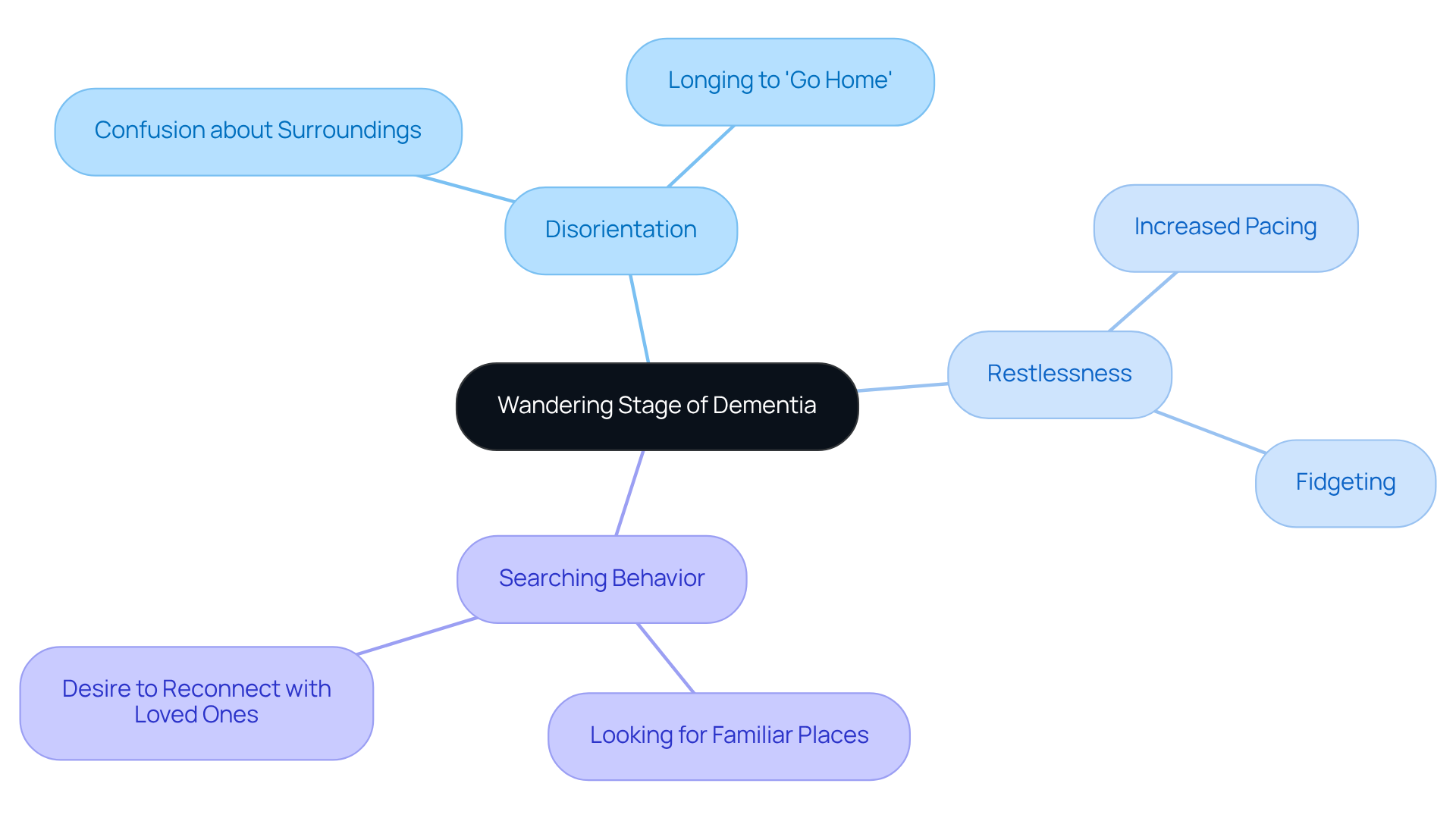 The central node represents the wandering stage of dementia, while the branches show the main behaviors caregivers should watch for. Each behavior has a description to help understand its significance.