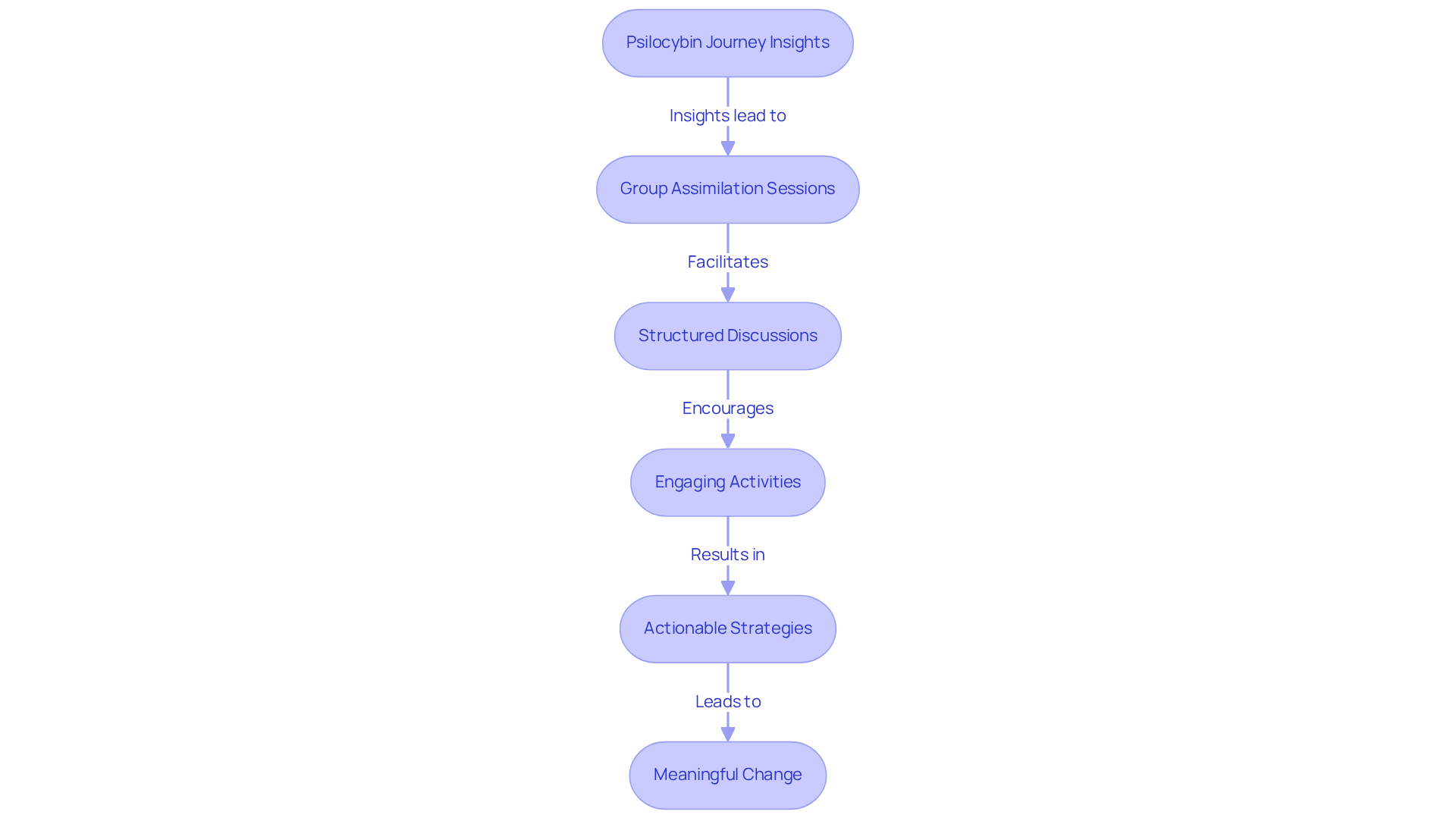 Follow the arrows to see how insights from psilocybin journeys are transformed into actionable strategies through group sessions and activities. Each step builds on the previous one, guiding participants toward meaningful change.