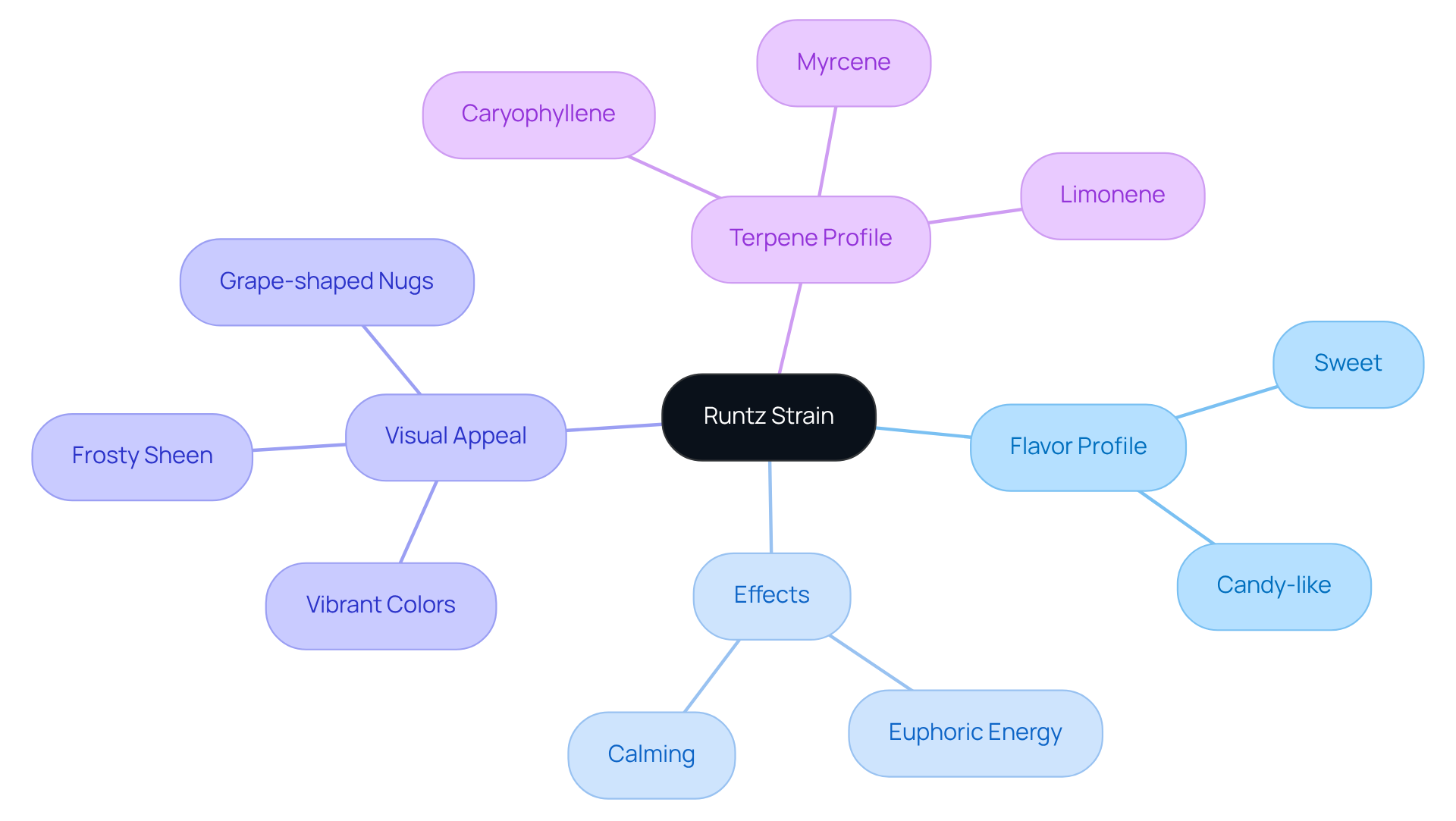 The center represents the Runtz strain, and the branches show its key features. Each color-coded branch helps you see how flavor, effects, appearance, and terpenes contribute to the overall experience. The center represents the Runtz strain, and the branches show its key features. Each color-coded branch helps you see how flavor, effects, appearance, and terpenes contribute to the overall experience.