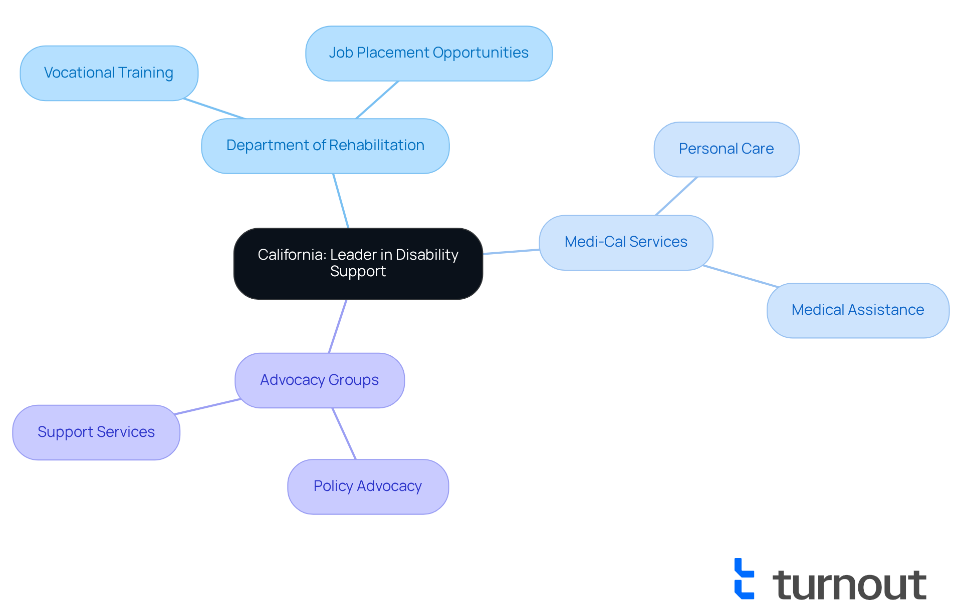 The central node represents California's leadership in supporting disabled individuals, with branches showing key resources and organizations that contribute to this mission.