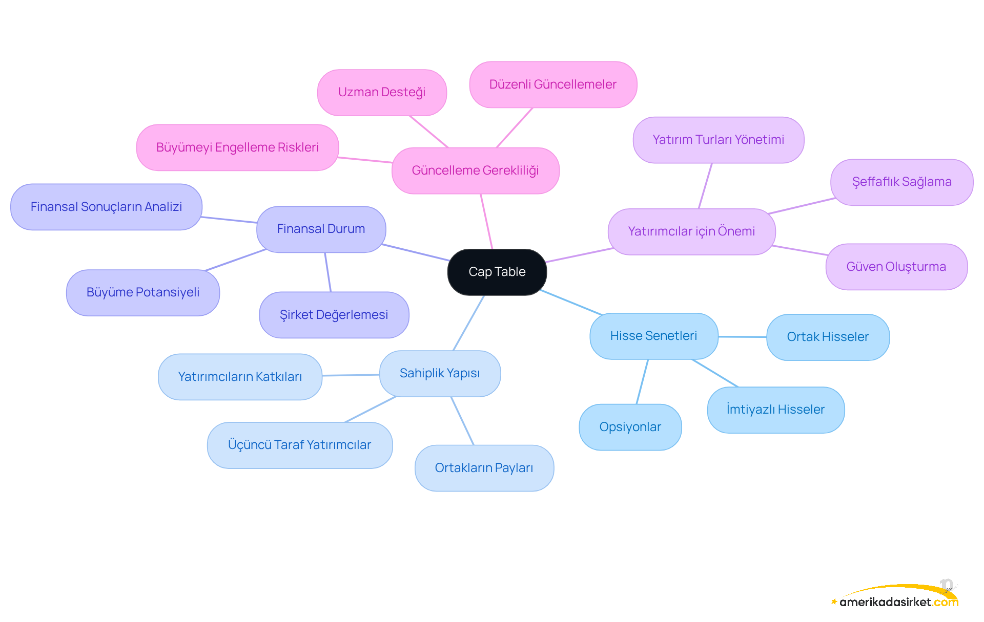 Merkezdeki 'Cap Table', şirketin ortaklık yapısını temsil eder. Dallar, bu yapının farklı yönlerini ve önemini gösterir. Her dal, konunun detaylarını anlamanızı kolaylaştırır.