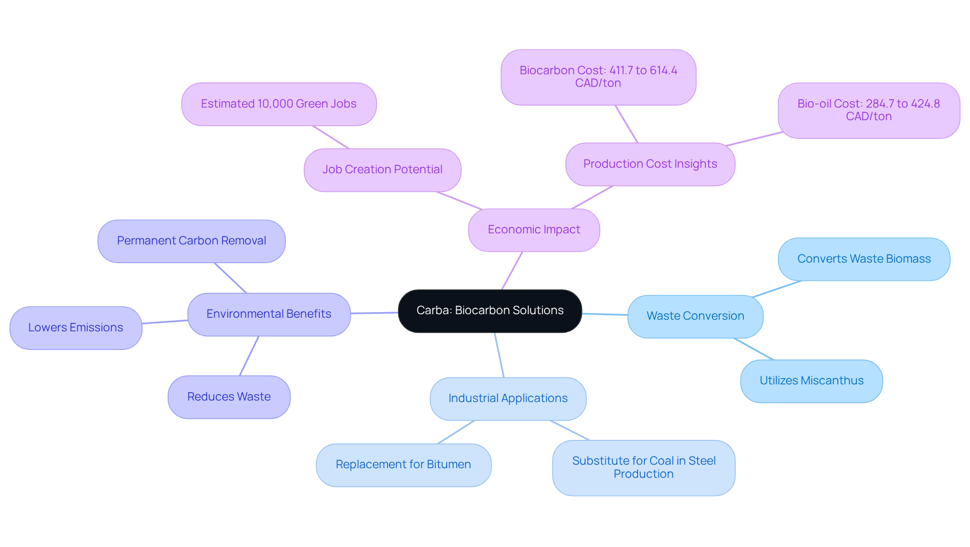Start at the center with Carba's main focus, then follow the branches to explore how their solutions impact waste management, industry, and the environment.