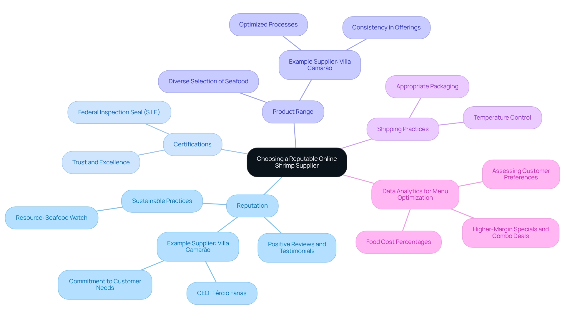 The center node represents the main decision topic, with branches showing the critical factors to consider. Each sub-branch provides more details to help you understand what to look for in a supplier.