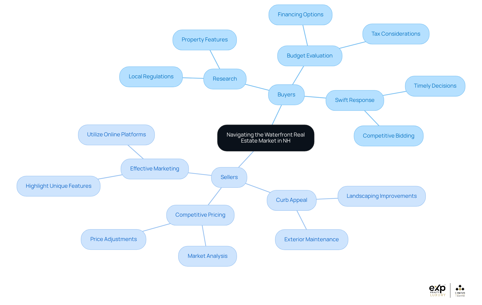 The central node represents the main topic, while the branches show specific strategies for buyers and sellers. Each color-coded branch helps you quickly identify which tips belong to which group.