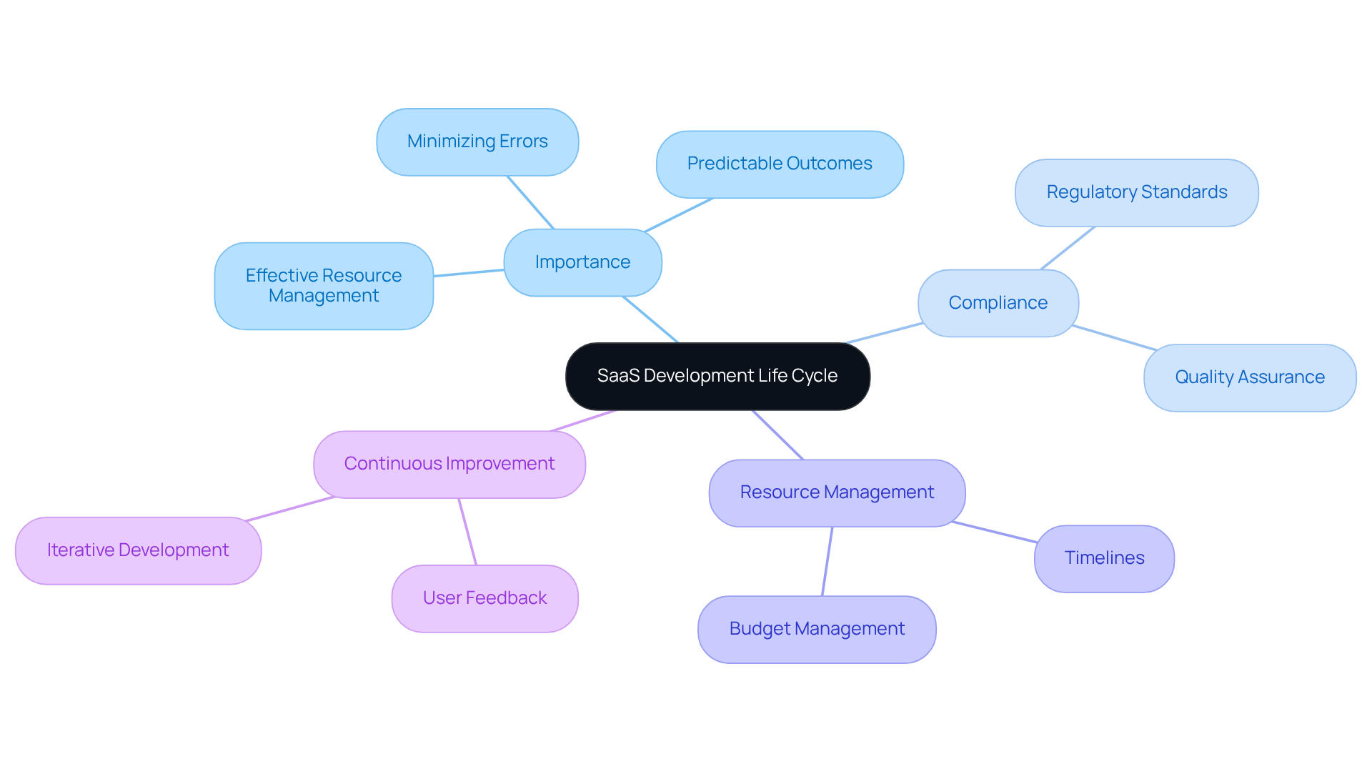 The central node represents the SaaS Development Life Cycle, with branches showing its key aspects. Each branch highlights how these elements contribute to successful software outcomes.