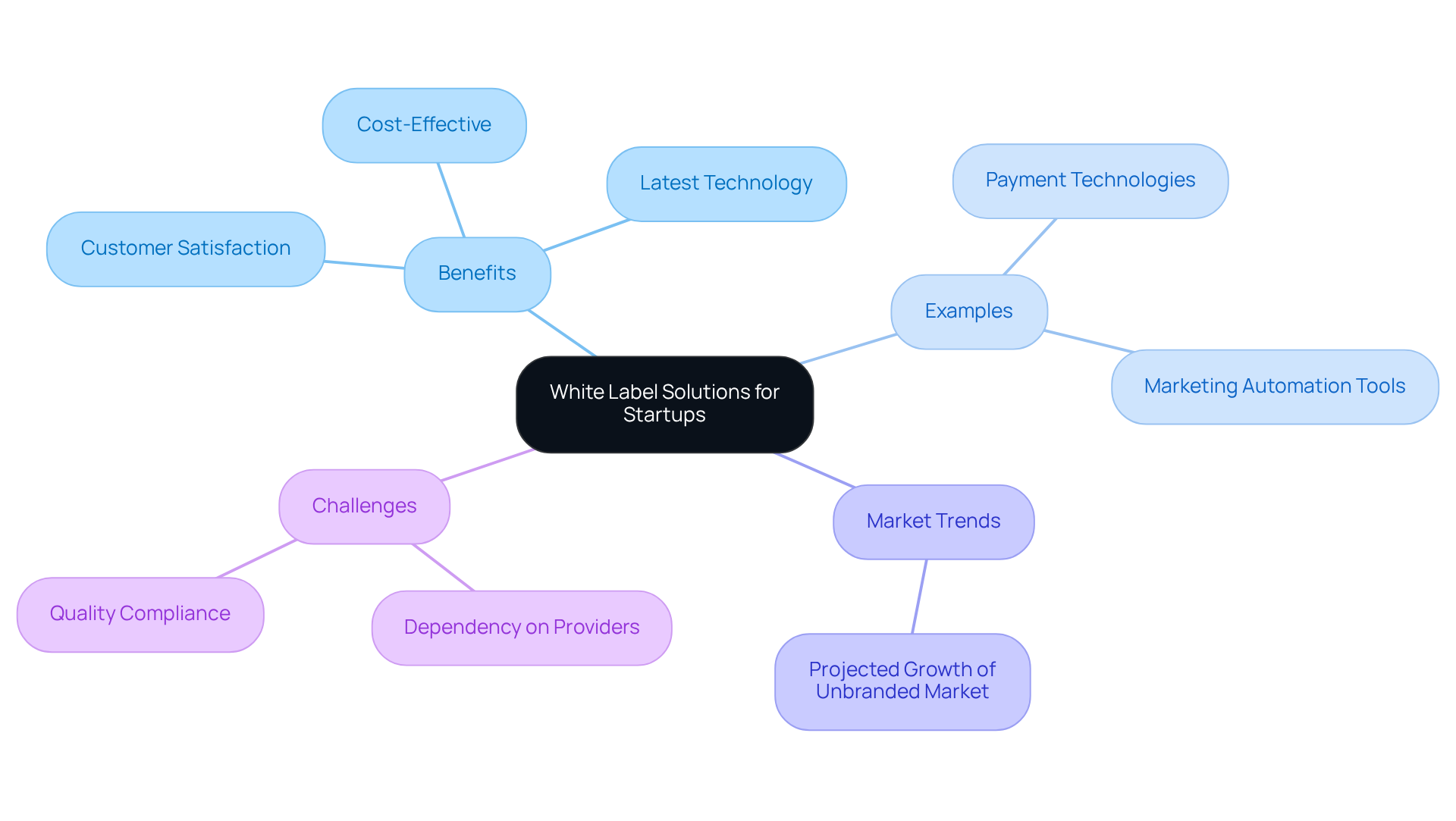This mindmap illustrates how white label solutions can benefit startups in fintech. Each branch represents a different aspect, from advantages to challenges, helping you see the big picture and how everything connects.