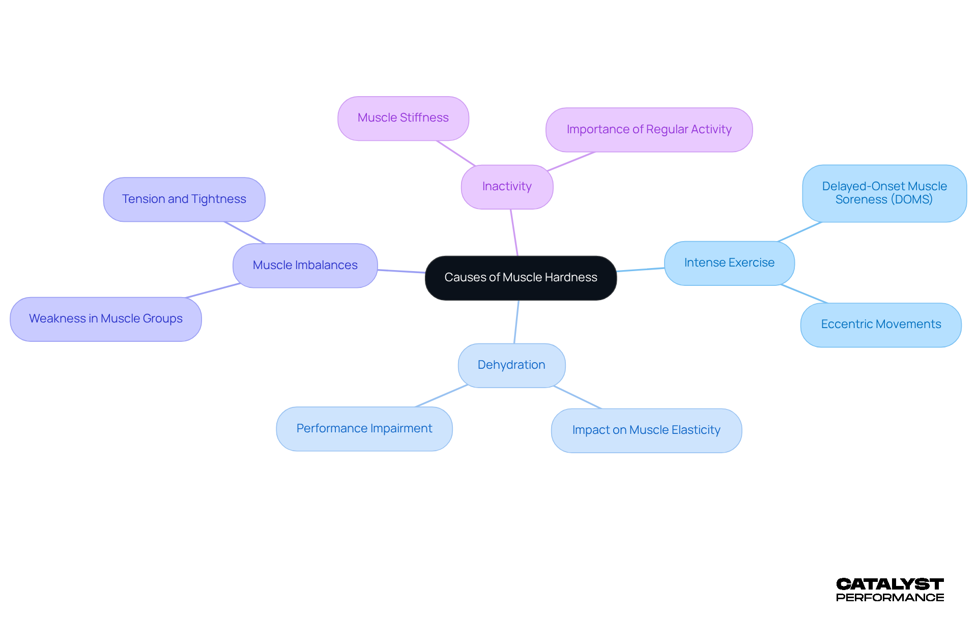 The central node represents the main topic, while the branches show different causes. Each color-coded branch leads to specific explanations, helping you see how various factors contribute to muscle hardness.