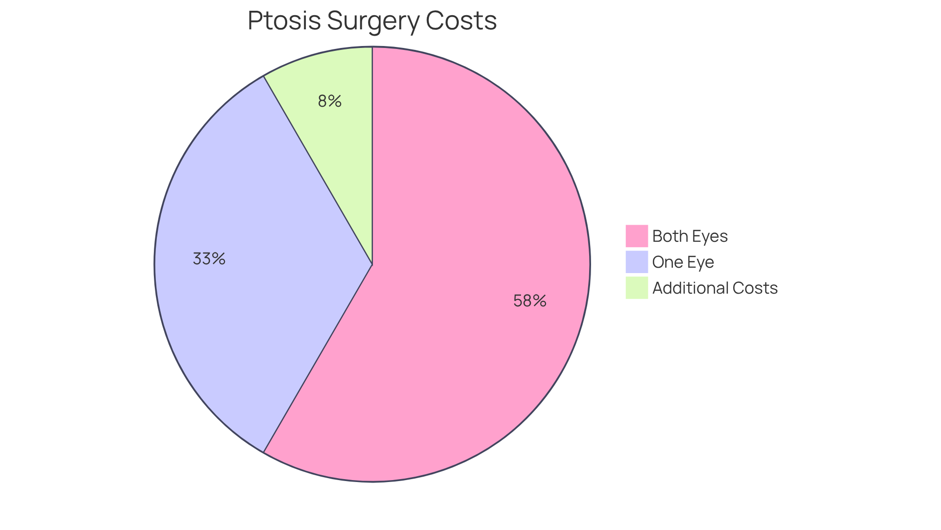 Each segment of the pie shows a part of the total cost of ptosis surgery. The larger the segment, the more it contributes to the overall expense. This helps you understand where your money goes.