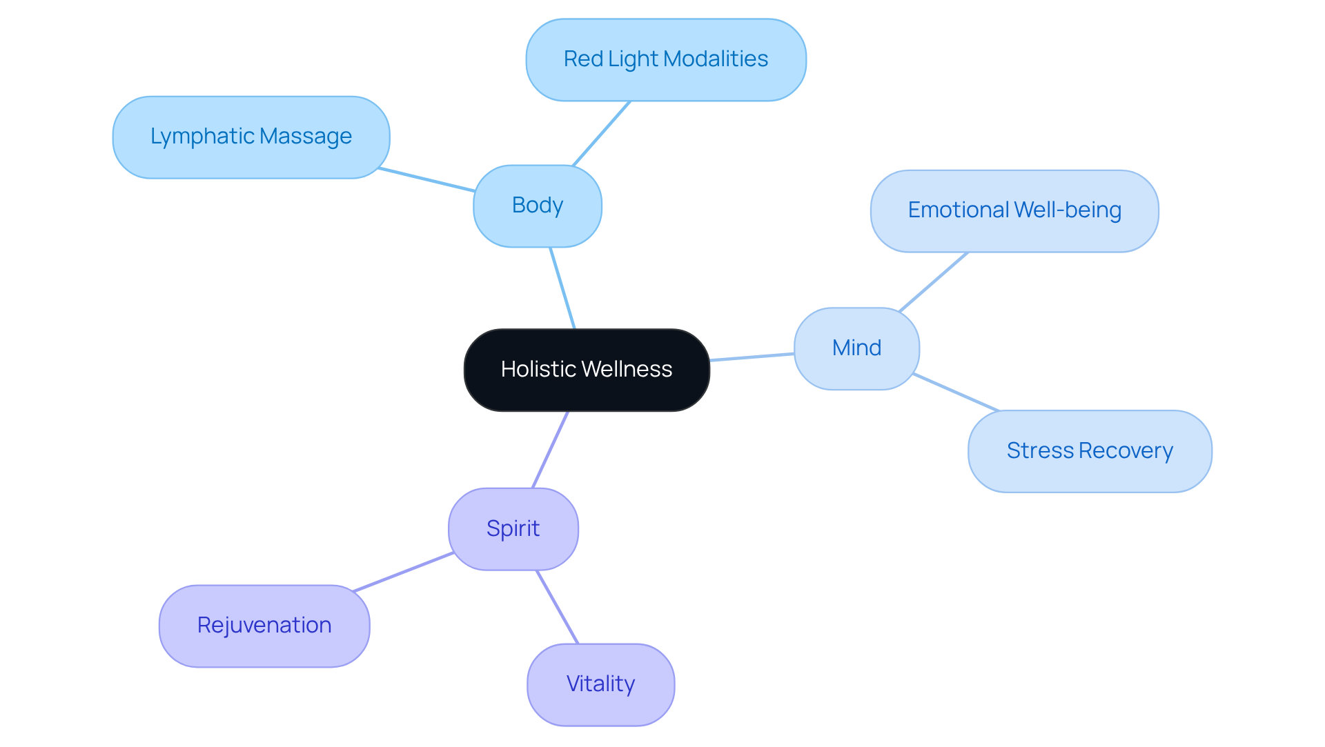 The center shows our main focus on holistic wellness. Each branch represents different aspects and treatments that contribute to overall well-being. Follow the branches to explore how body, mind, and spirit are intertwined in our services.