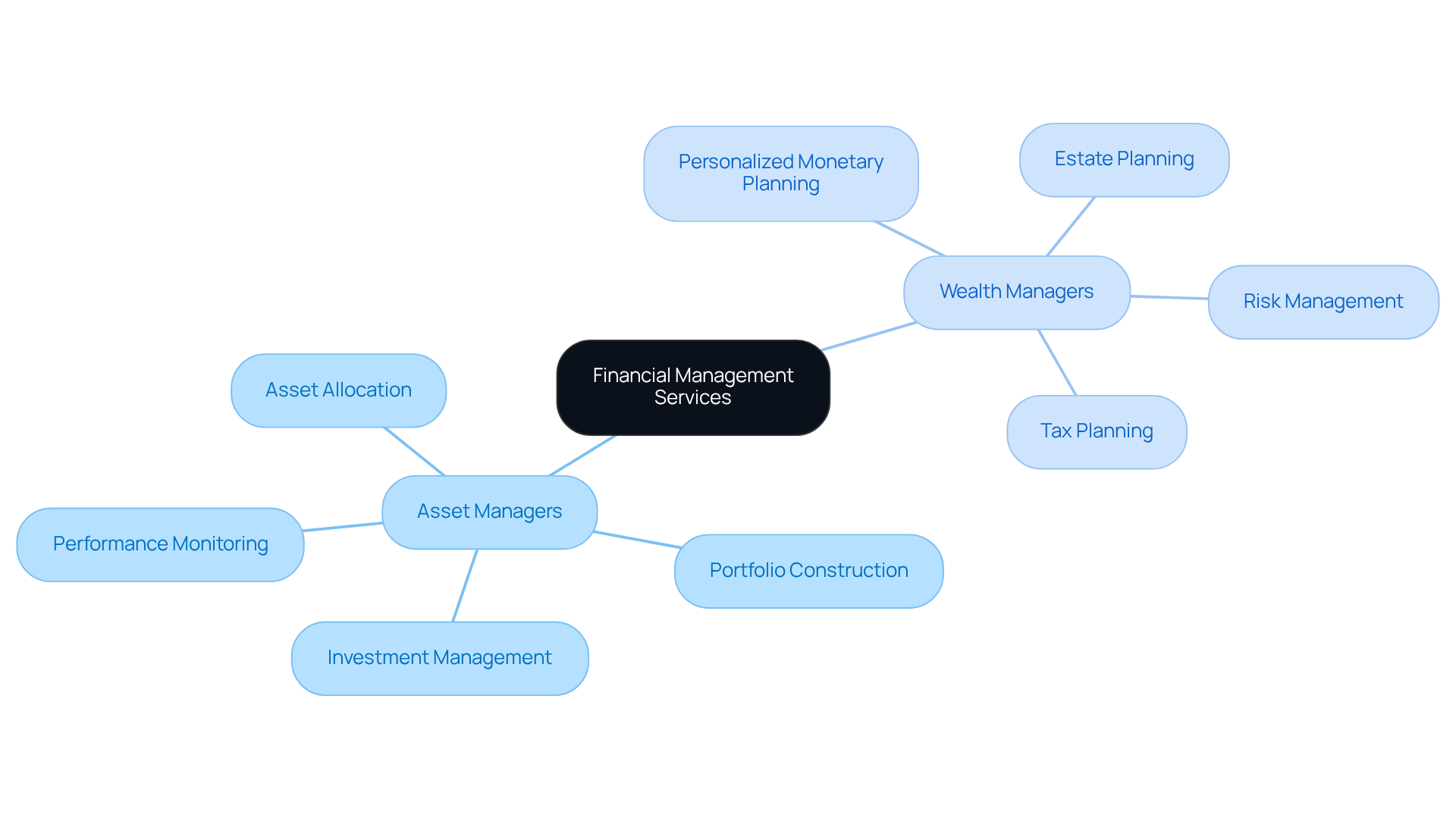 The central node represents financial management services, with branches showing the two types of managers. Each sub-branch lists specific services, helping you understand what each type offers and how they differ.