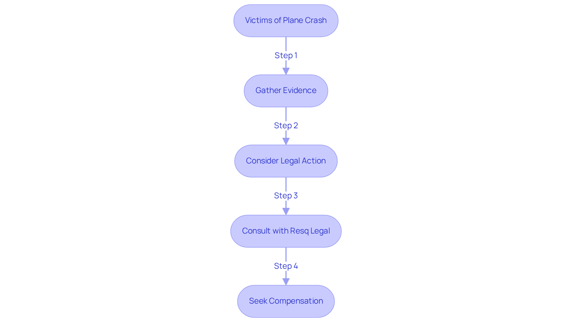 This flowchart guides victims through the steps they can take after a plane crash. Each box represents a key action, and the arrows show the order in which to follow them. Start at the top and move down to see how to gather evidence, seek legal help, and pursue compensation.