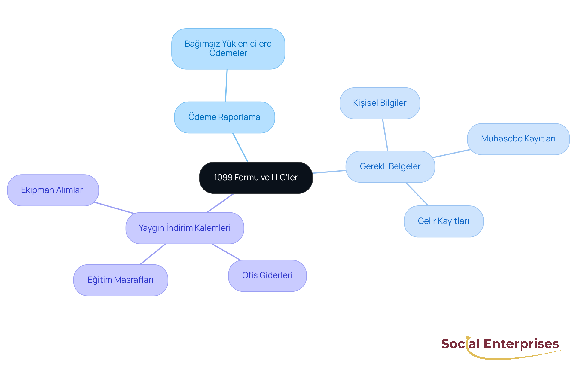 Merkezdeki başlık, 1099 formunun genel anlamını temsil ederken, dallar LLC'lerin bu formla ilgili bilmesi gereken önemli konuları gösteriyor. Her dal, belirli bir konu hakkında daha fazla bilgi edinmenize yardımcı olur.