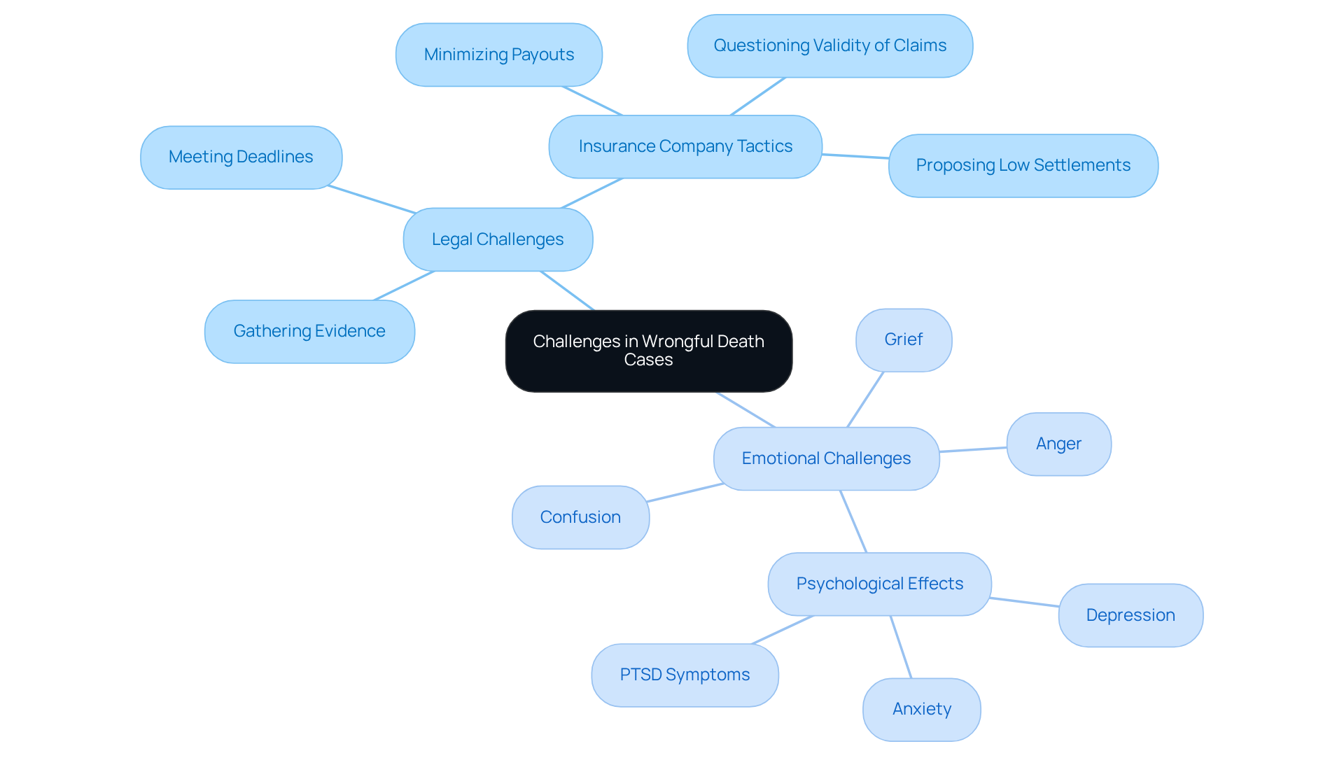 The central node represents the overall theme of challenges in wrongful death cases. The branches show the different types of challenges families face, both legal and emotional, helping to visualize the complexity of their situation.