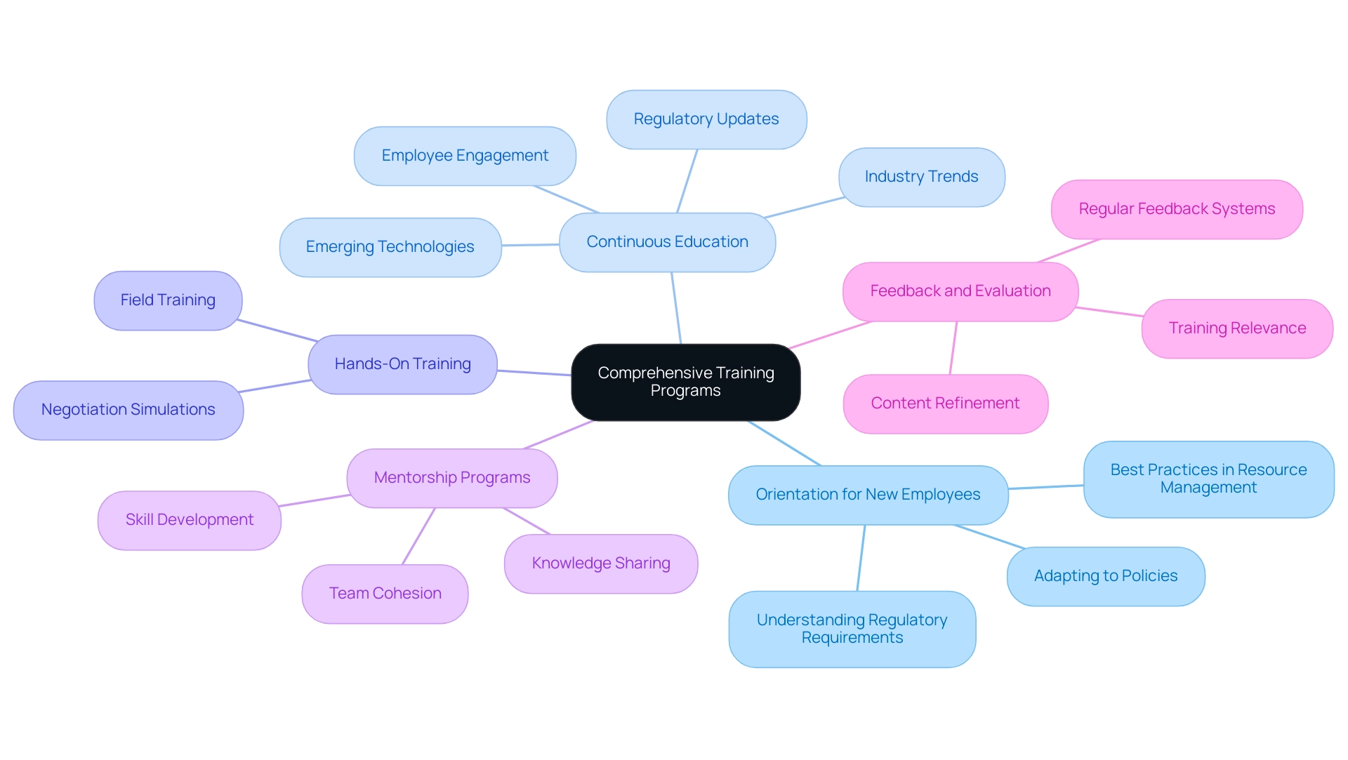 The central node represents the primary theme, while branches indicate key components of the training program, each with distinct colors to differentiate them.