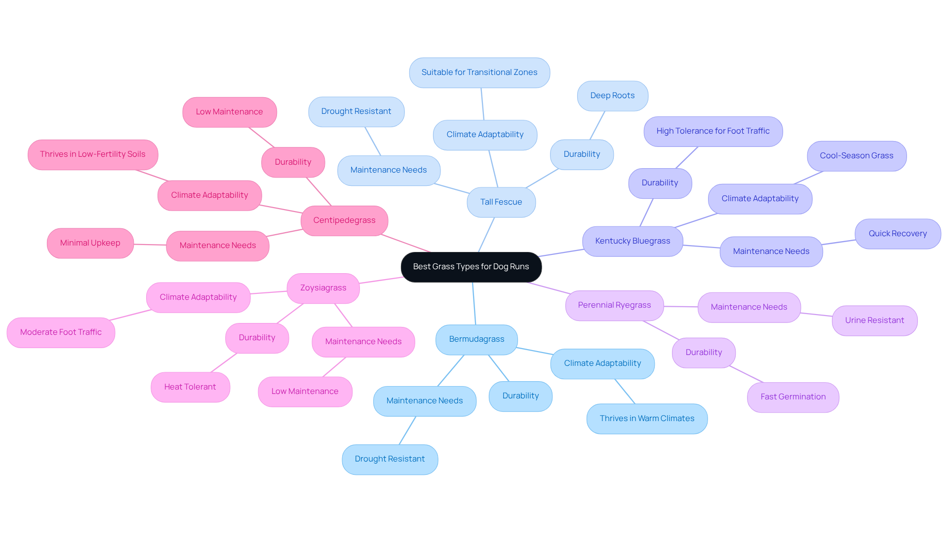This mindmap starts with the main topic in the center and branches out to show different grass types. Each branch contains important details about that grass type, helping you see which one might be the best fit for your dog's needs. This mindmap starts with the main topic in the center and branches out to show different grass types. Each branch contains important details about that grass type, helping you see which one might be the best fit for your dog's needs.