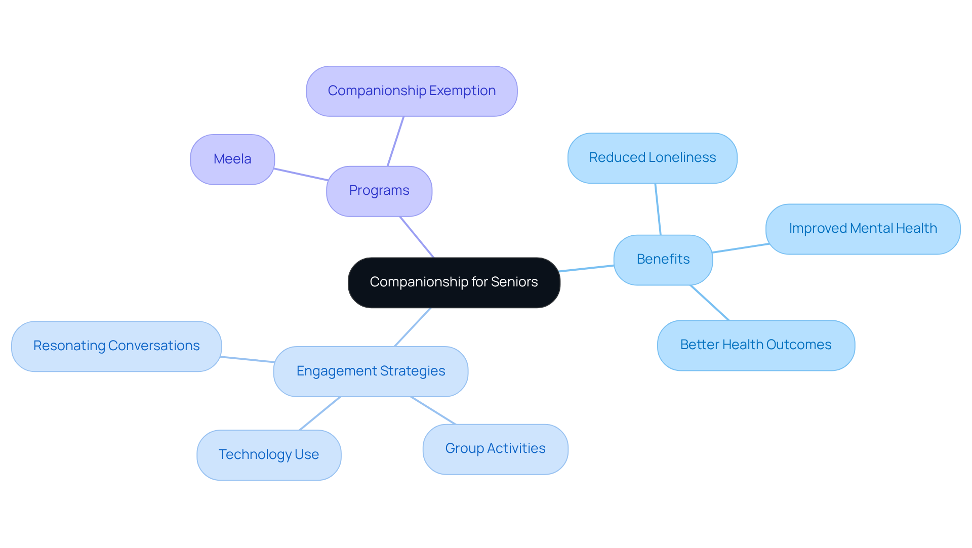 The central node represents the main theme of companionship. Each branch shows different aspects, like benefits and strategies, helping you see how they all connect to improve seniors' lives.