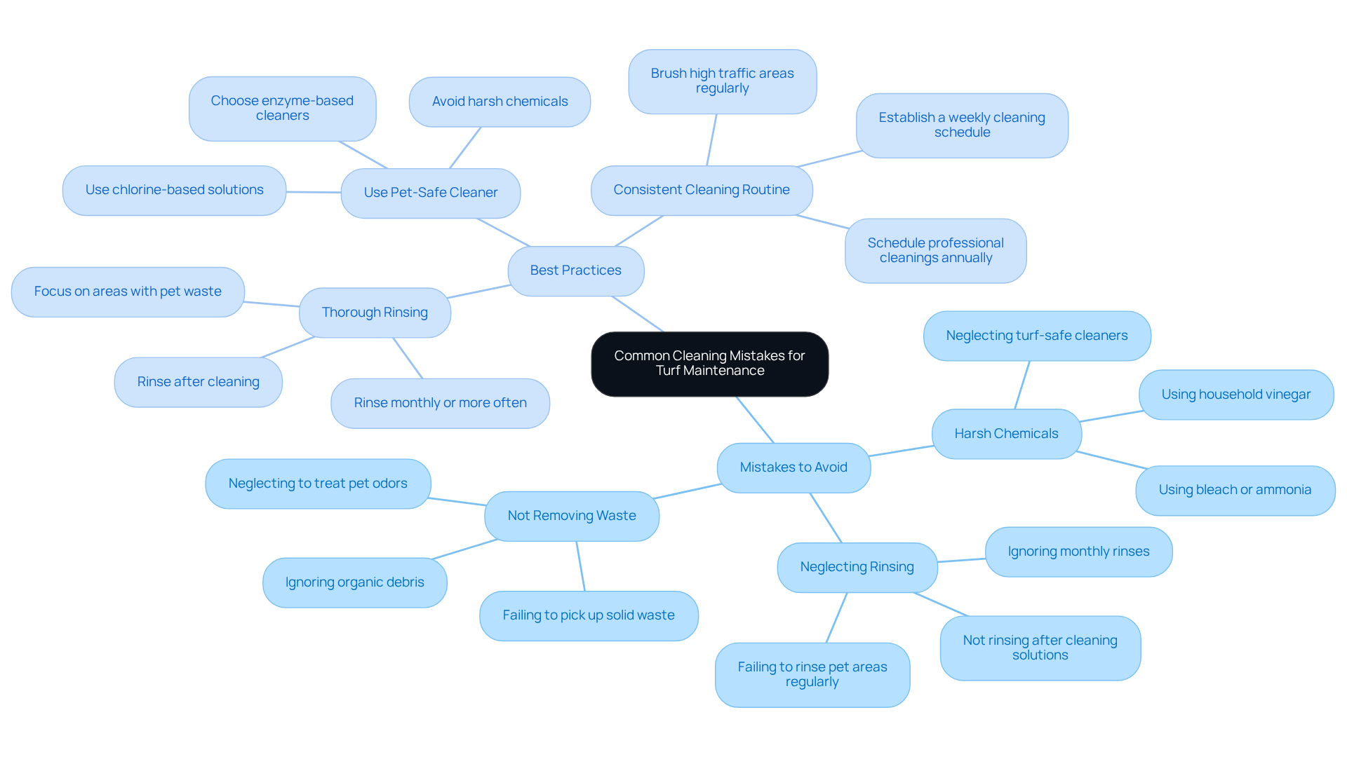 The center shows the main topic, with branches leading to common mistakes and best practices. Each mistake has a corresponding best practice to help you remember what to avoid and what to do instead.