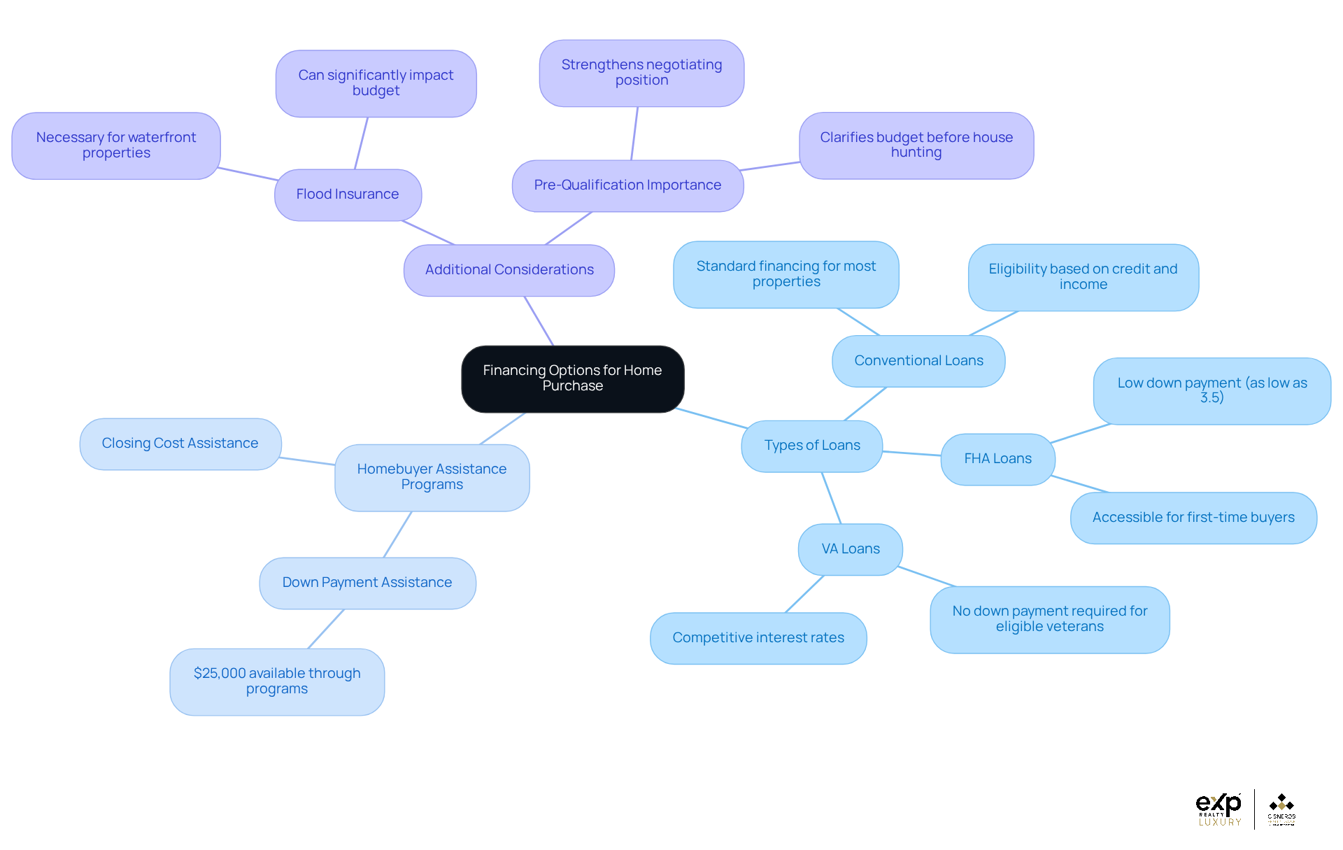 Start at the center with the main topic of financing options, then explore the branches to see different types of loans and assistance programs that can help you buy your dream home.