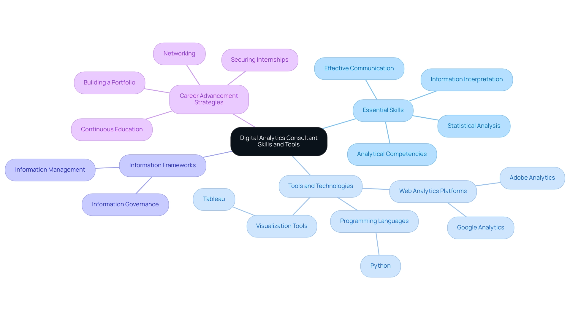 Each branch indicates a category related to digital analytics consulting, with sub-branches detailing specific skills, tools, or strategies.