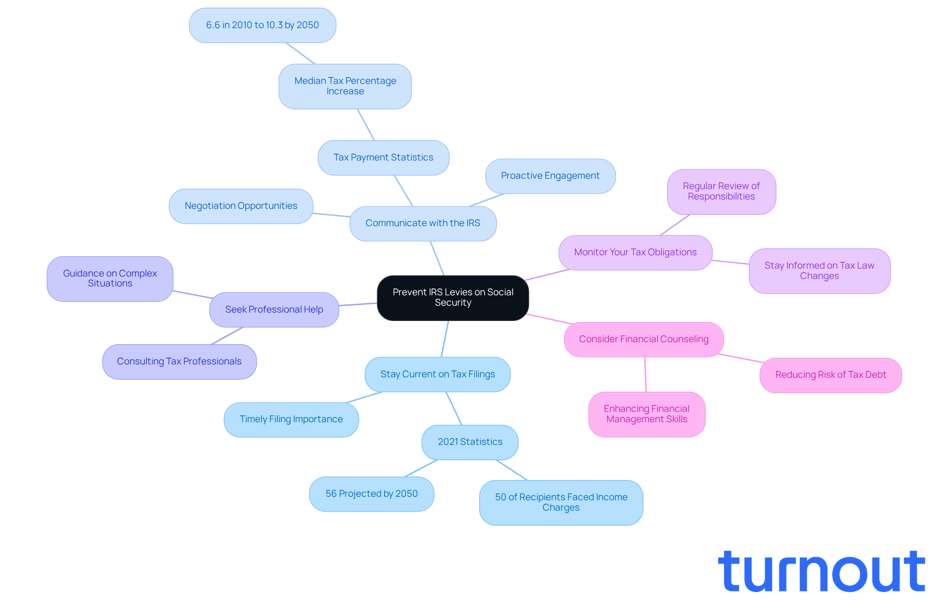 The central node represents the main goal of preventing IRS levies, while each branch shows a specific strategy. Follow the branches to see how each strategy can help you safeguard your Social Security benefits.