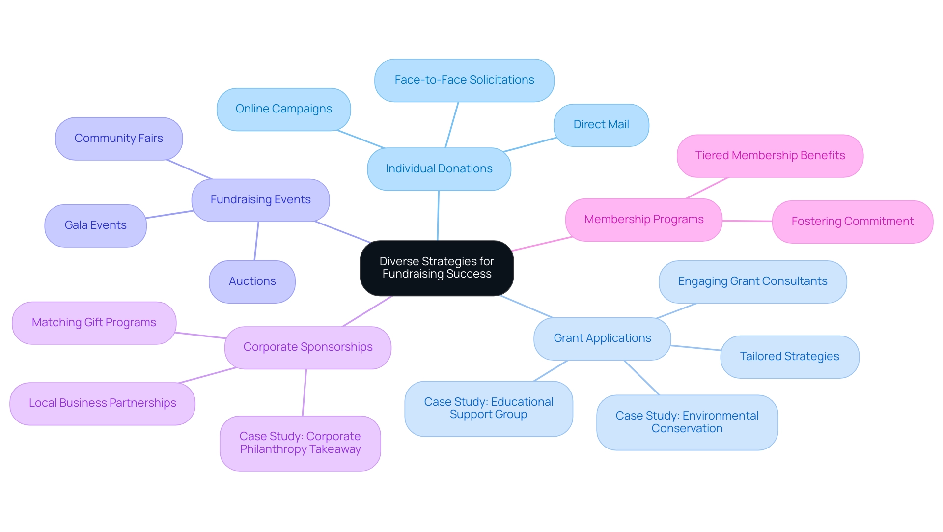 Each branch represents a major fundraising strategy, with sub-branches detailing specific tactics, case studies, or examples relevant to that strategy. Each branch represents a major fundraising strategy, with sub-branches detailing specific tactics, case studies, or examples relevant to that strategy.