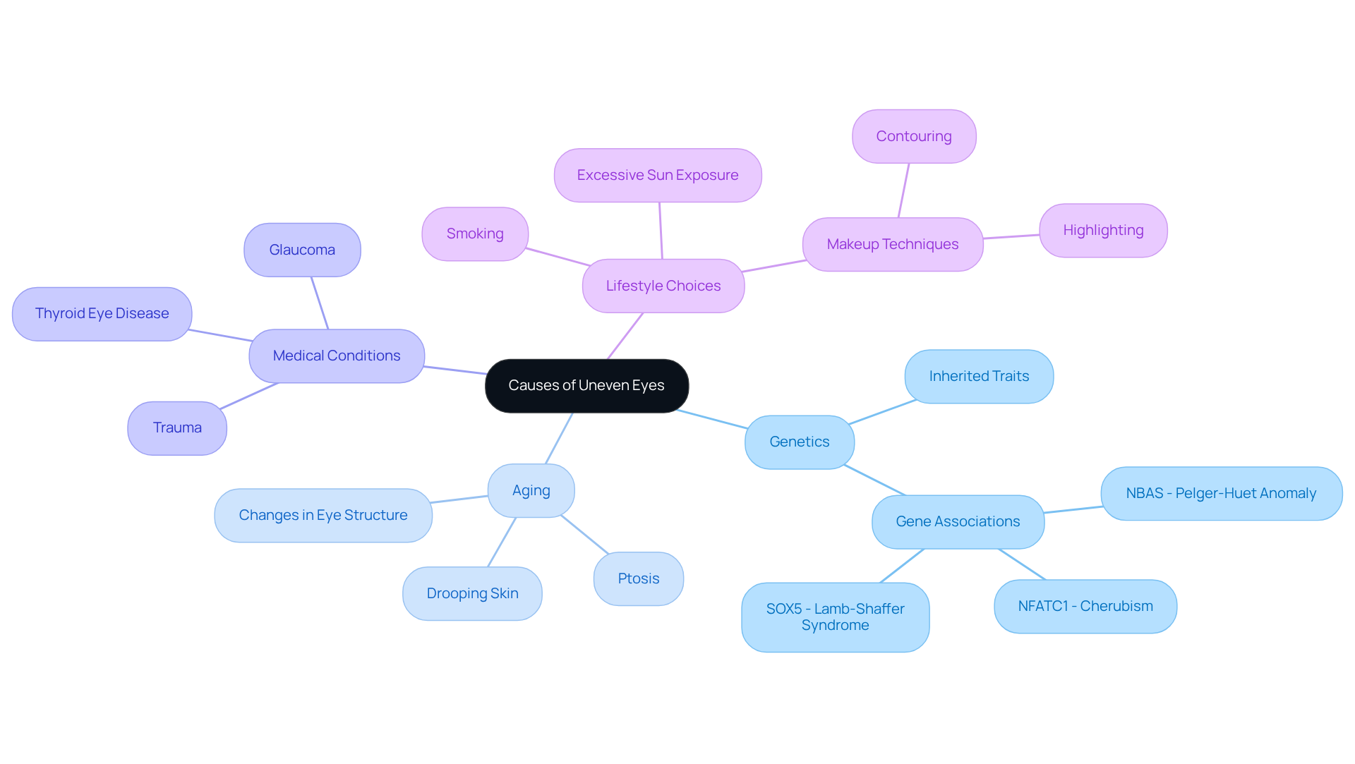The central node represents the main topic, while the branches show different factors that can lead to uneven eyes. Each color-coded branch helps you see how various influences contribute to the overall issue. The central node represents the main topic, while the branches show different factors that can lead to uneven eyes. Each color-coded branch helps you see how various influences contribute to the overall issue.