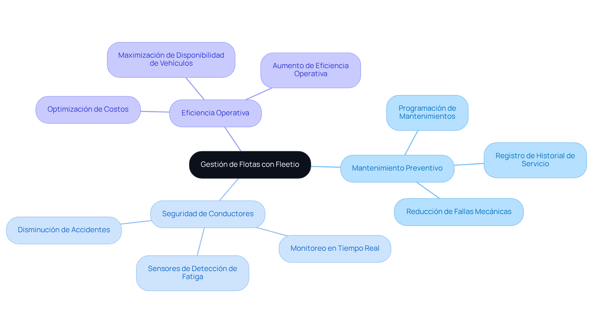 El nodo central representa la gestión de flotas, mientras que las ramas muestran los diferentes aspectos que contribuyen a su éxito. Sigue las ramas para explorar cada área y sus beneficios.