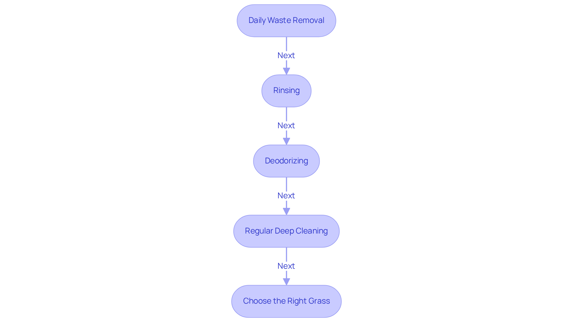 Each box in the flowchart represents a step you should take to keep your artificial lawn clean and safe for pets. Follow the arrows to see the order of actions, making it easy to remember what to do and when.