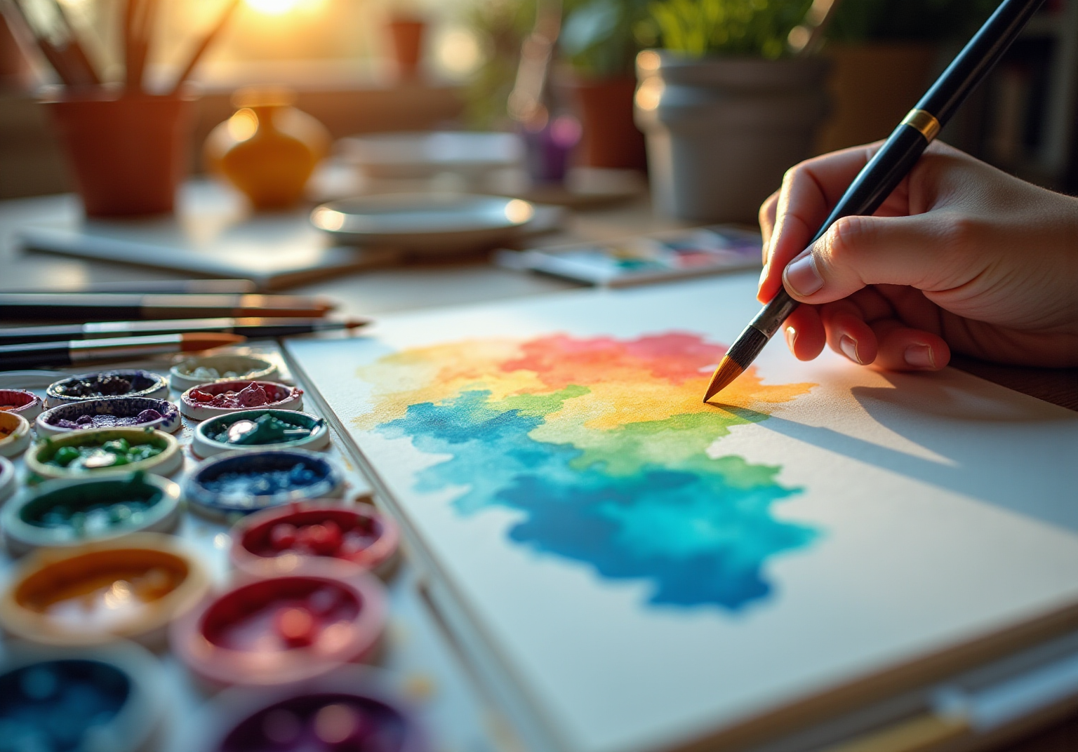Creative Workspace with Watercolor Paints