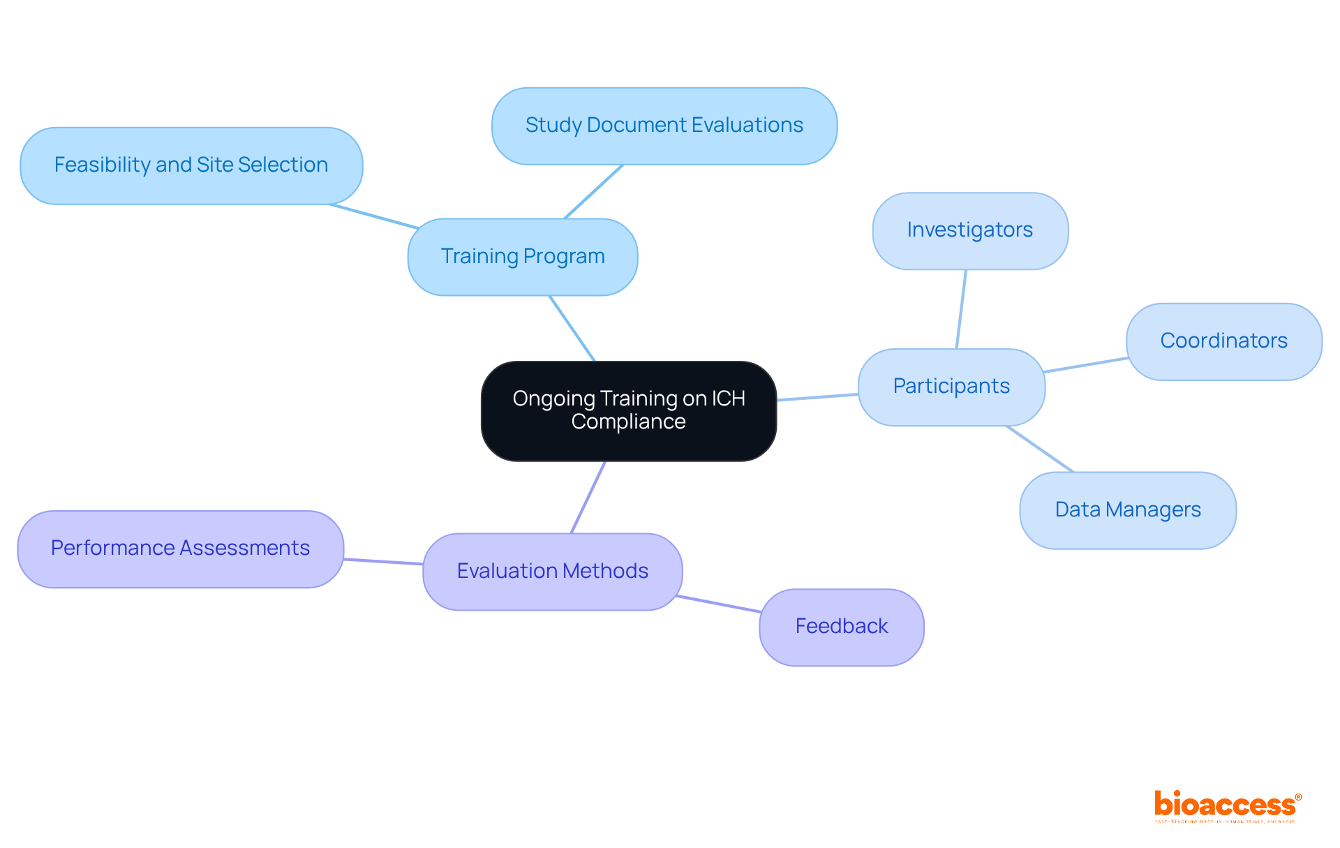 The center represents the main focus of the training, while the branches show different aspects of the program, including who will be trained and how the training will be assessed.