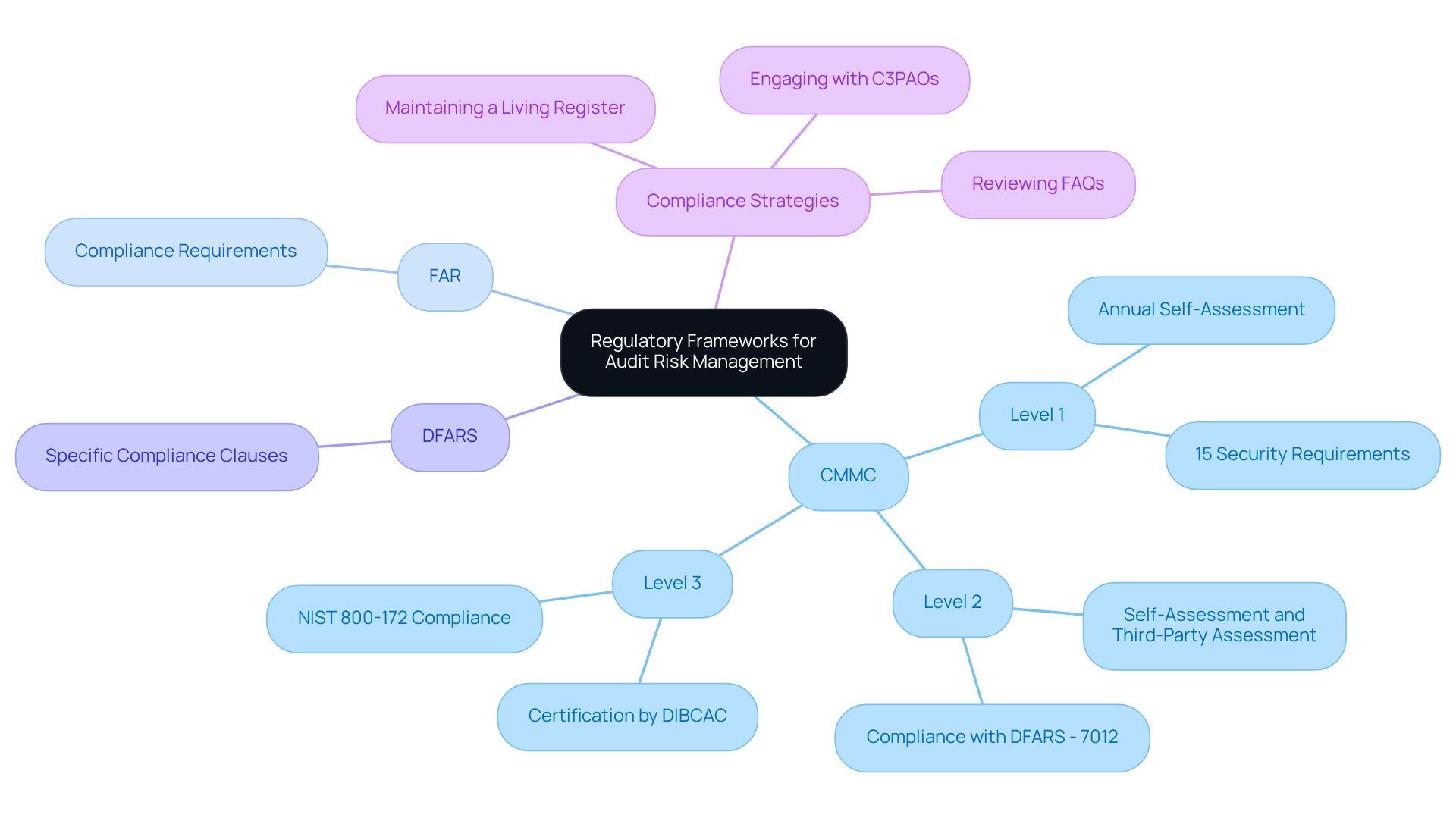The central node represents the main topic, while the branches show different regulations and strategies. Each branch connects to specific details, helping you understand how they relate to managing audit risk.