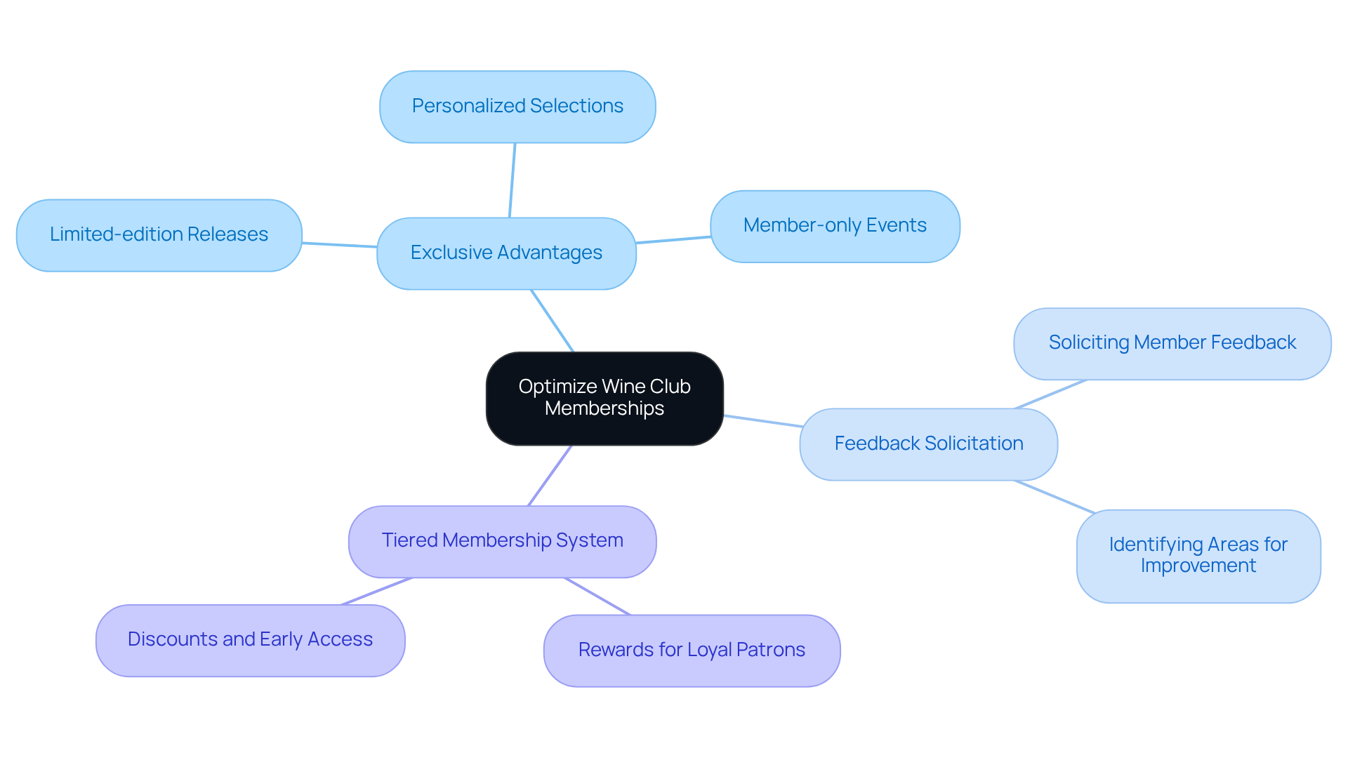 Start at the center with the main goal of optimizing memberships, then follow the branches to see the strategies that will help achieve this goal, including exclusive advantages and ways to gather feedback.