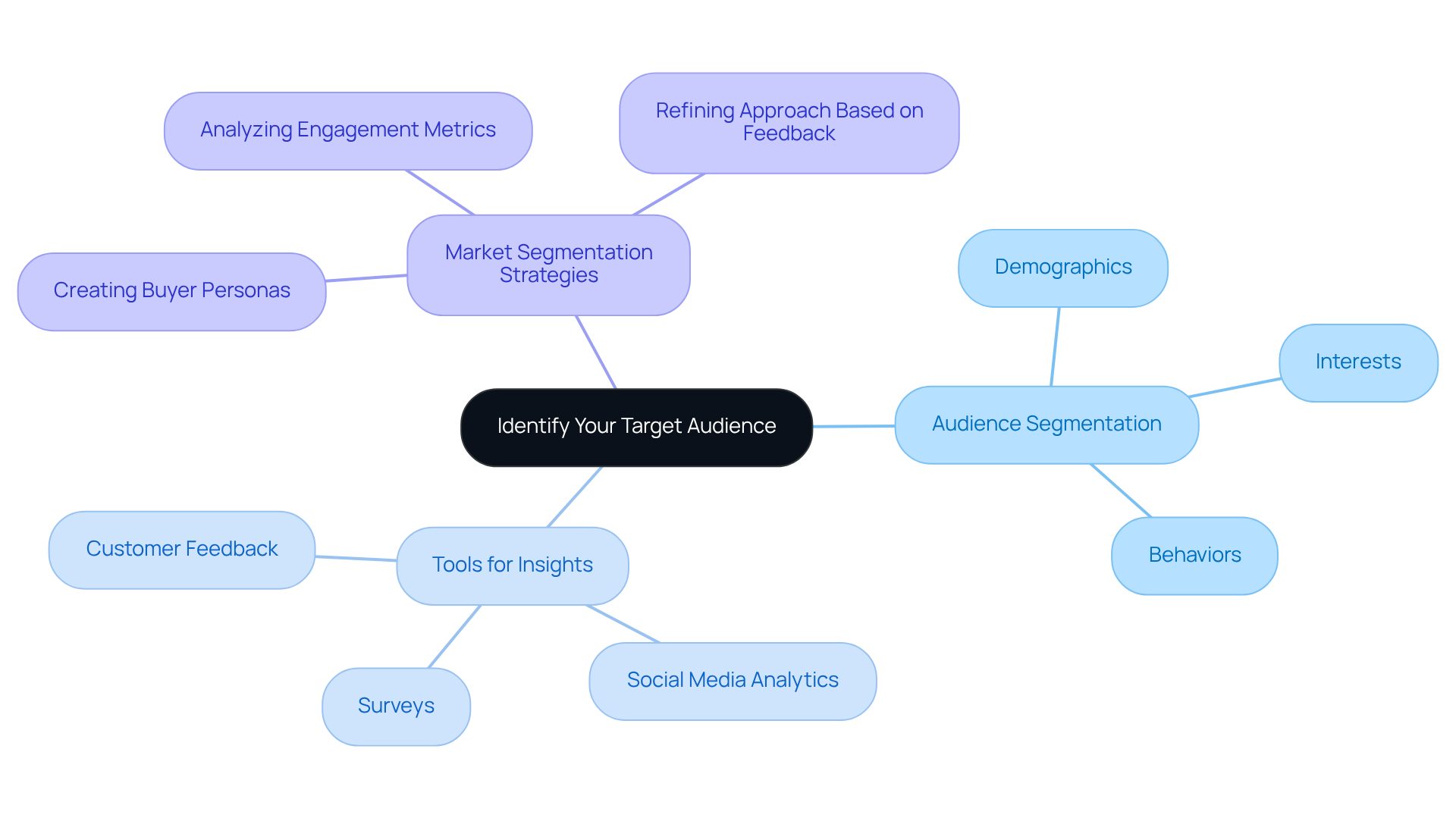 Start at the center with the main focus of identifying your audience, then explore the branches that show how to segment and understand them better, along with the tools you can use and strategies to implement. Start at the center with the main focus of identifying your audience, then explore the branches that show how to segment and understand them better, along with the tools you can use and strategies to implement.