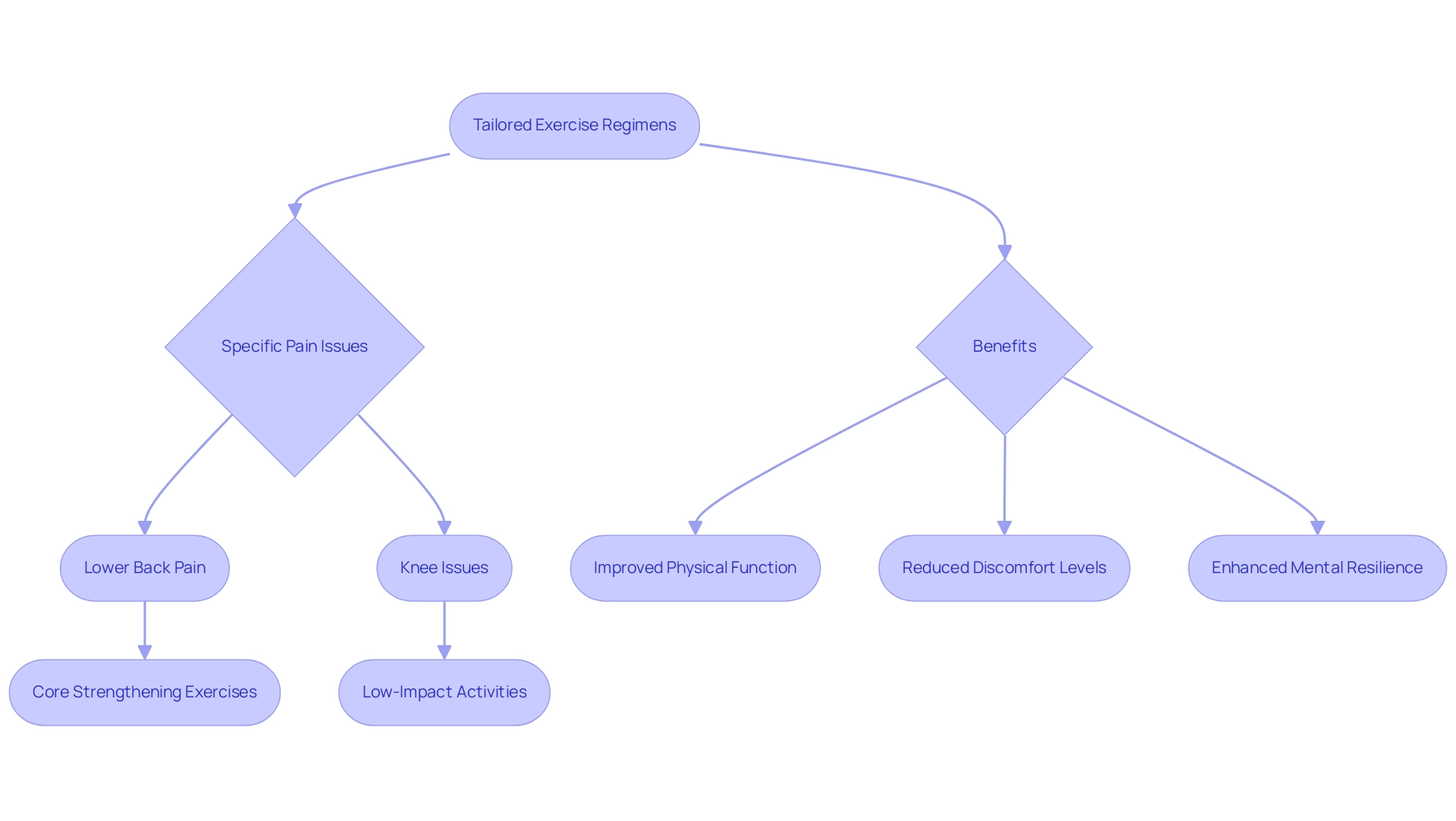 Each box represents a component of the exercise regimen process, showing the relationship between specific pain issues and their corresponding tailored exercises, along with the benefits of such interventions.