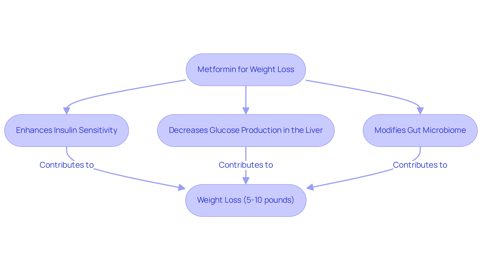 This flowchart shows how metformin works to help with weight loss. Each box represents a different way the medication helps, and the arrows show how these actions connect to the overall goal of shedding pounds.