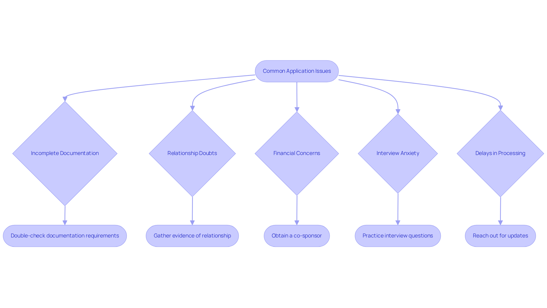 Each branch represents a common issue you may face in the K1 visa application process. Follow the arrows to see the suggested solutions for each challenge.