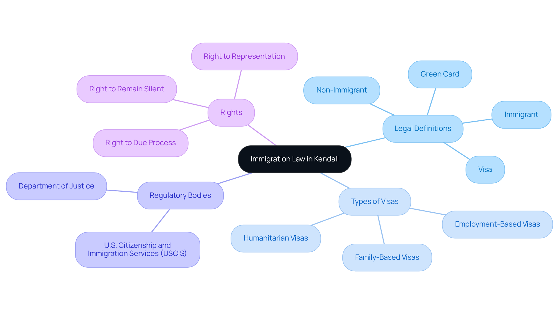 The central node represents the main topic of immigration law, while the branches show different aspects you need to understand. Each color-coded branch helps you see how these areas connect and what specific information is important within each category.