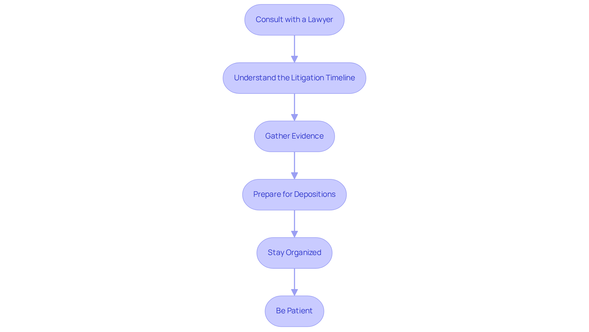 Each box represents a crucial step in preparing for litigation. Follow the arrows to see the order in which you should tackle these steps for the best chance of success.